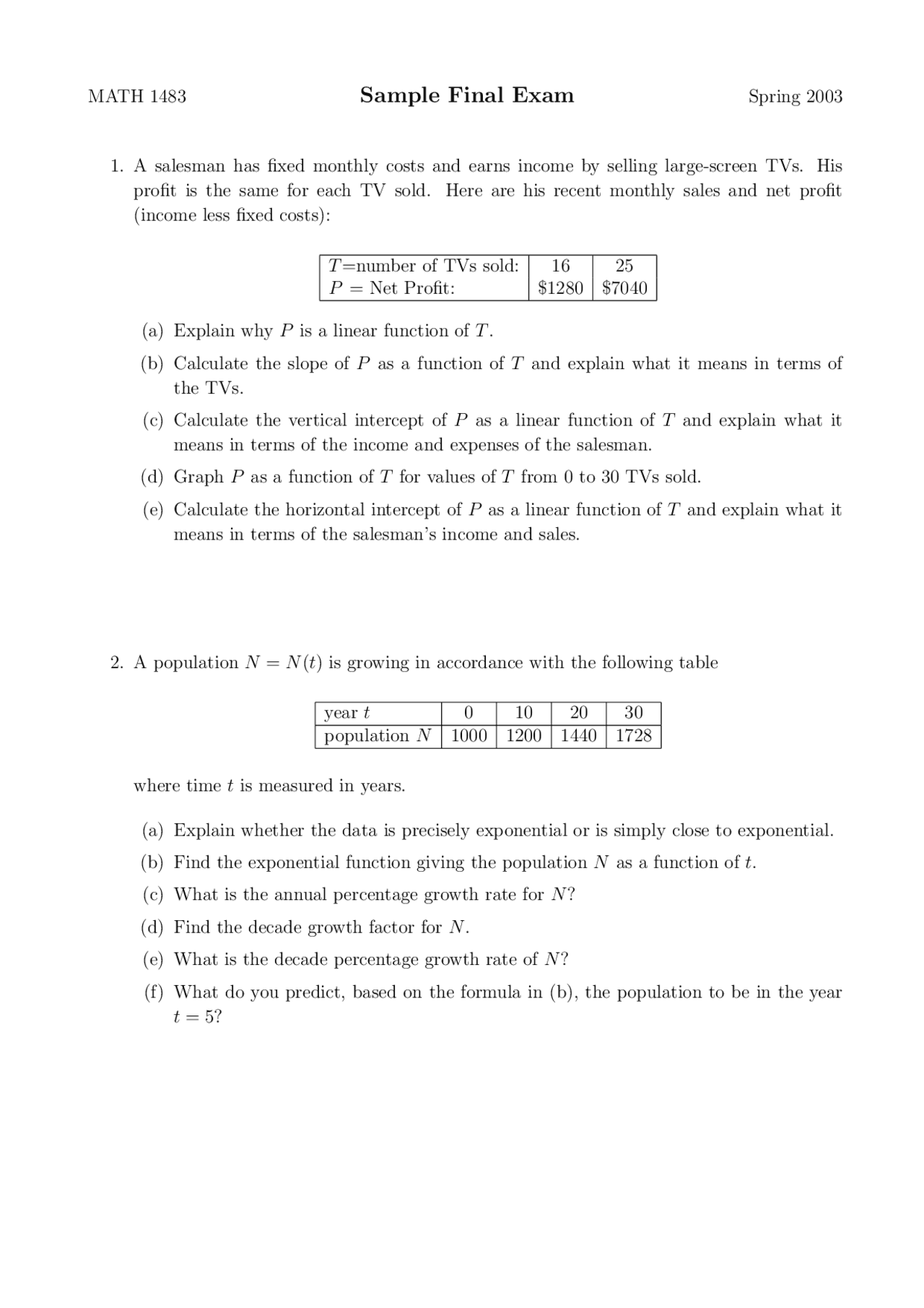 Sample Final Exam Mathematical Functions And Uses Spring 2003