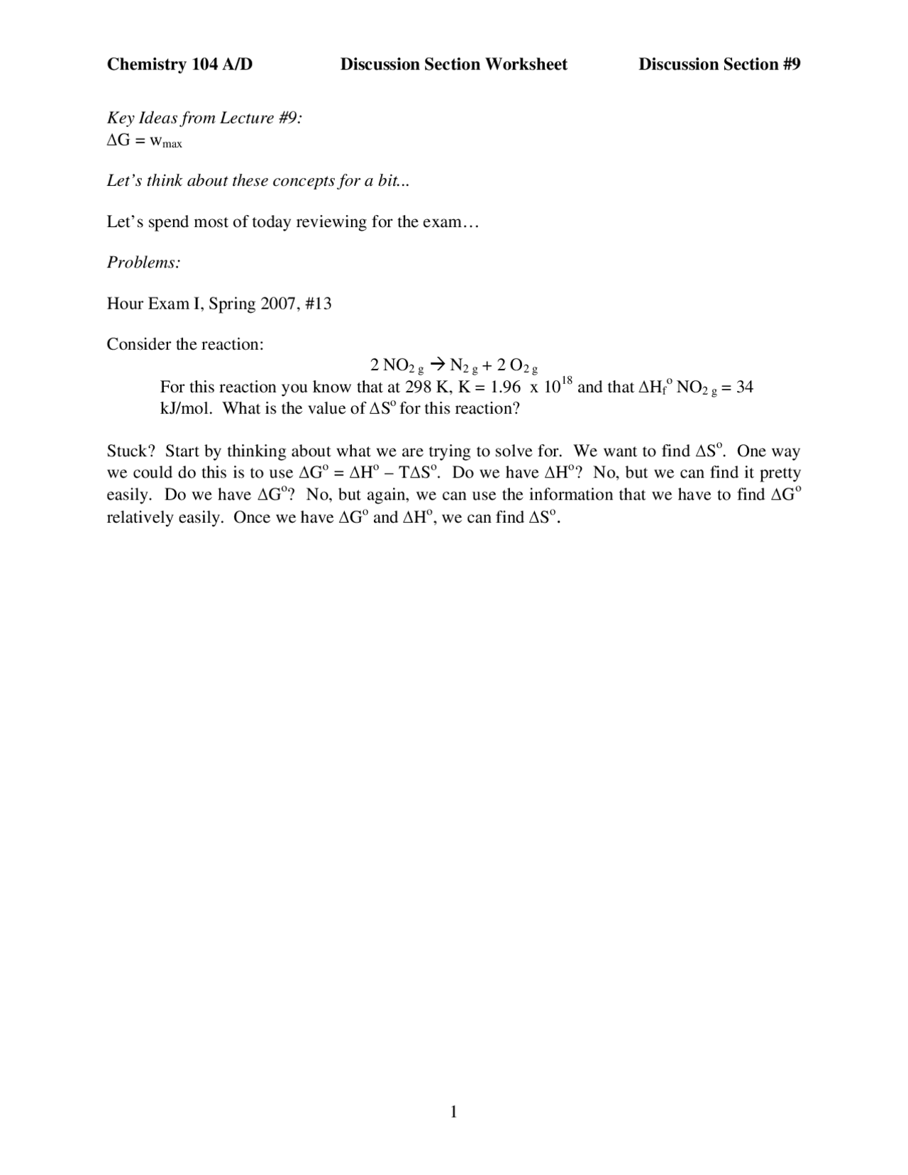 Discussion Section Worksheet General Chemistry Ii Chem 104 Docsity