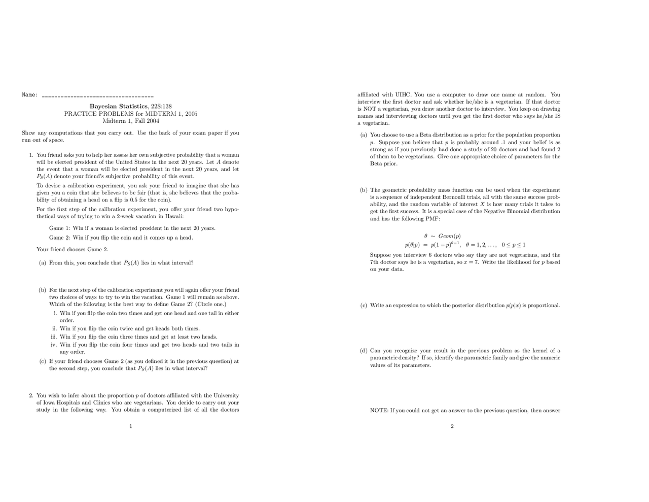 Practice Problems For Midterm 1 Bayesian Statistics 22s 138 Docsity