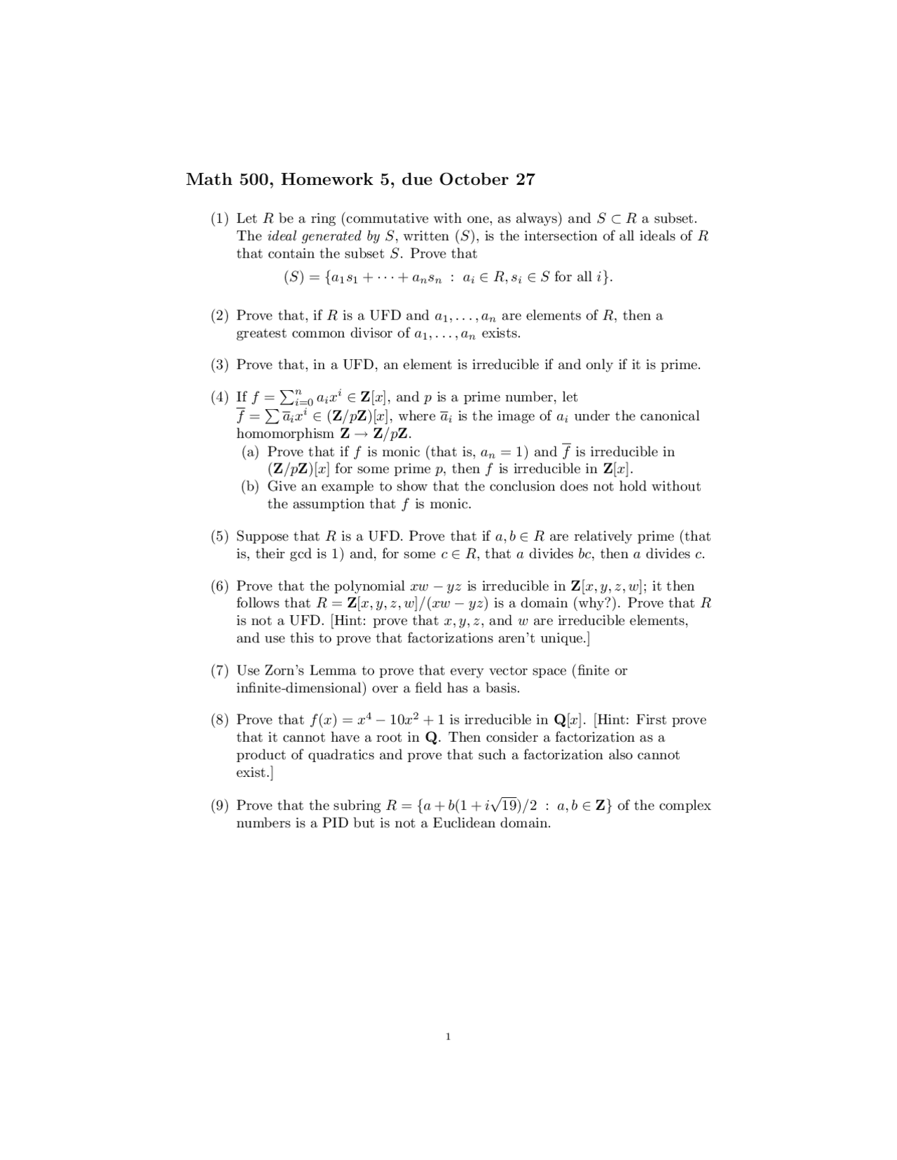 9 Problems On Abstract Algebra L Homework 5 Math 500 Docsity