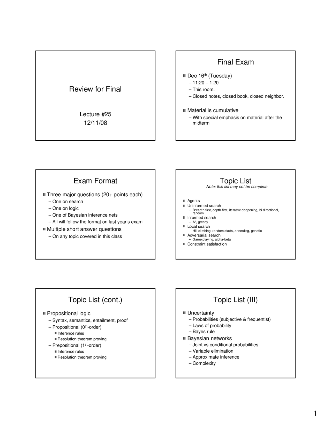 Introduction To Artificial Intelligence Final Exam Review Cs 440