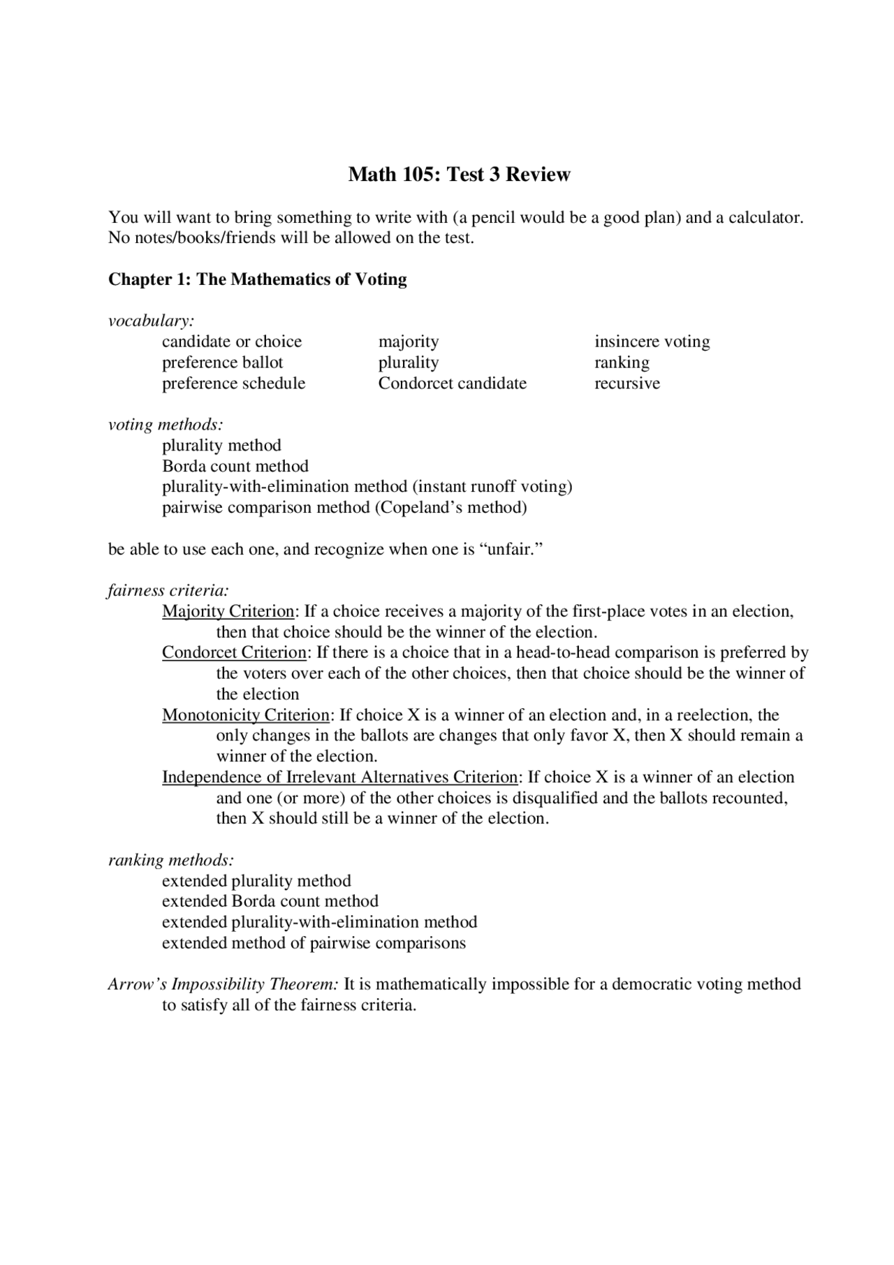 Test 3 Review Introduction To Topics In Mathematics Math 105 Docsity