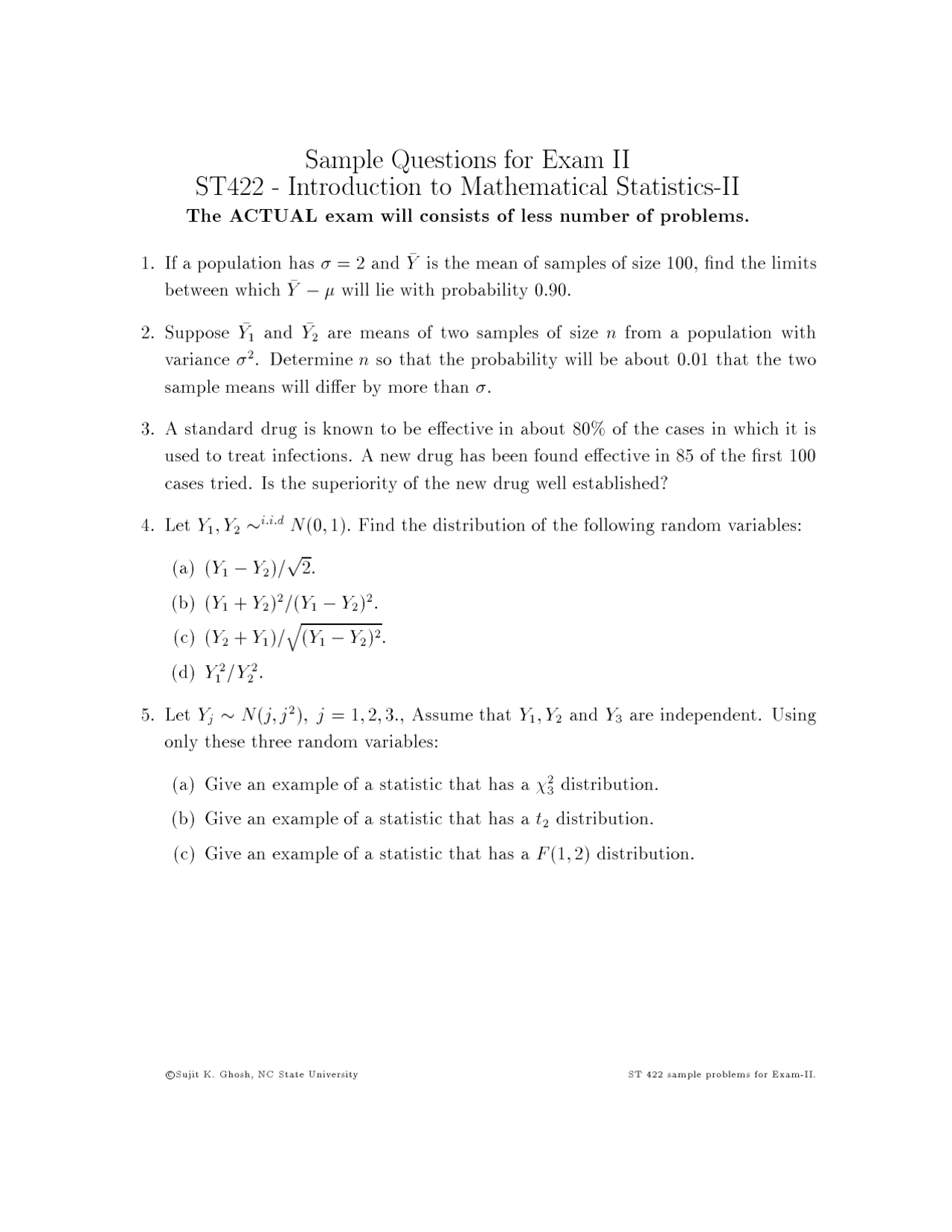 Exam 2 Introduction To Mathematical Statistics Ii St 422 Docsity