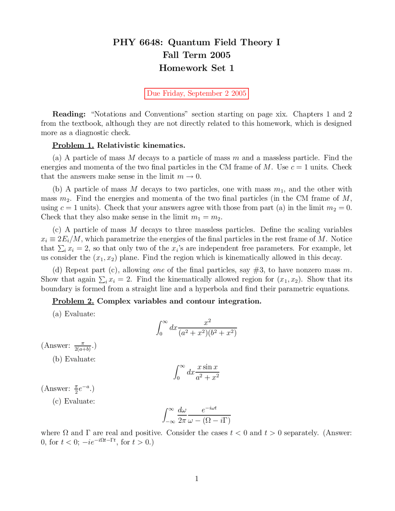 Homework Set 1 Quantum Field Theory I Fall 2005 Phy 6648 Docsity