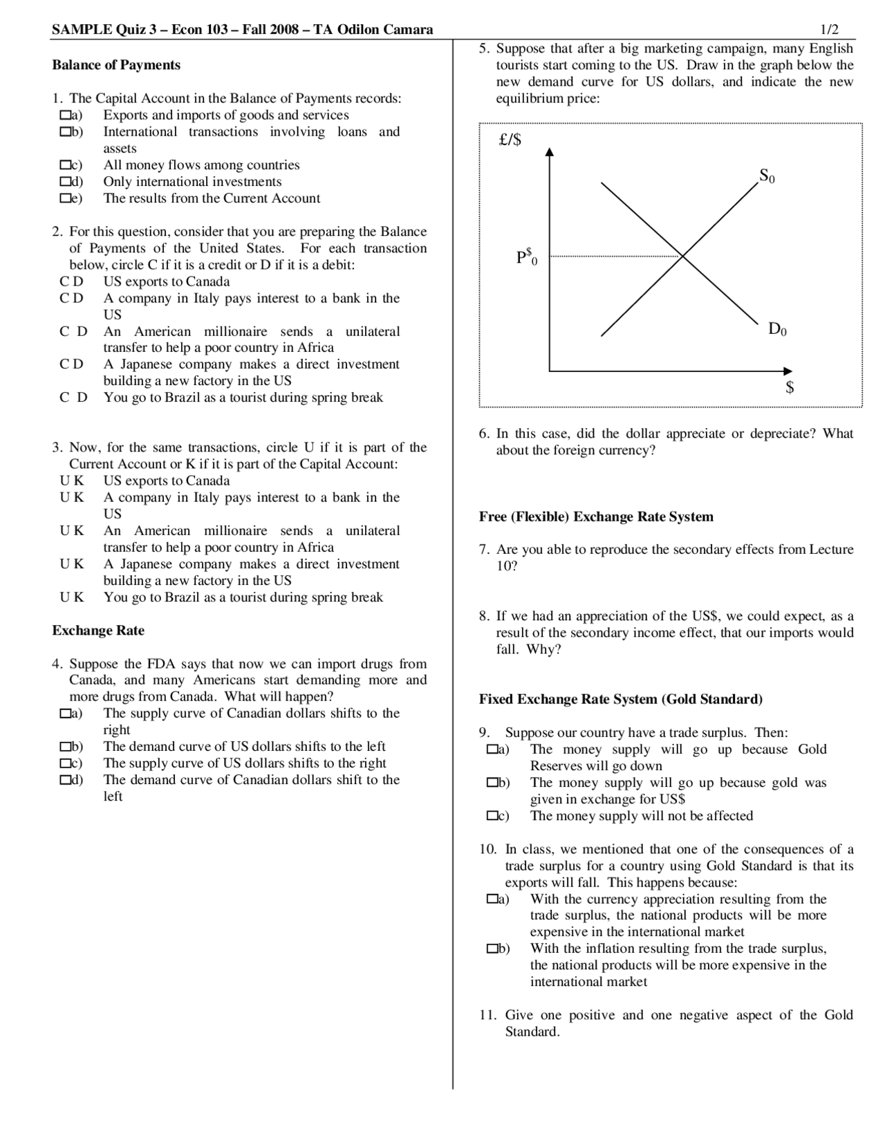 Sample Quiz 3 Macroeconomic Principles Econ 103 Docsity