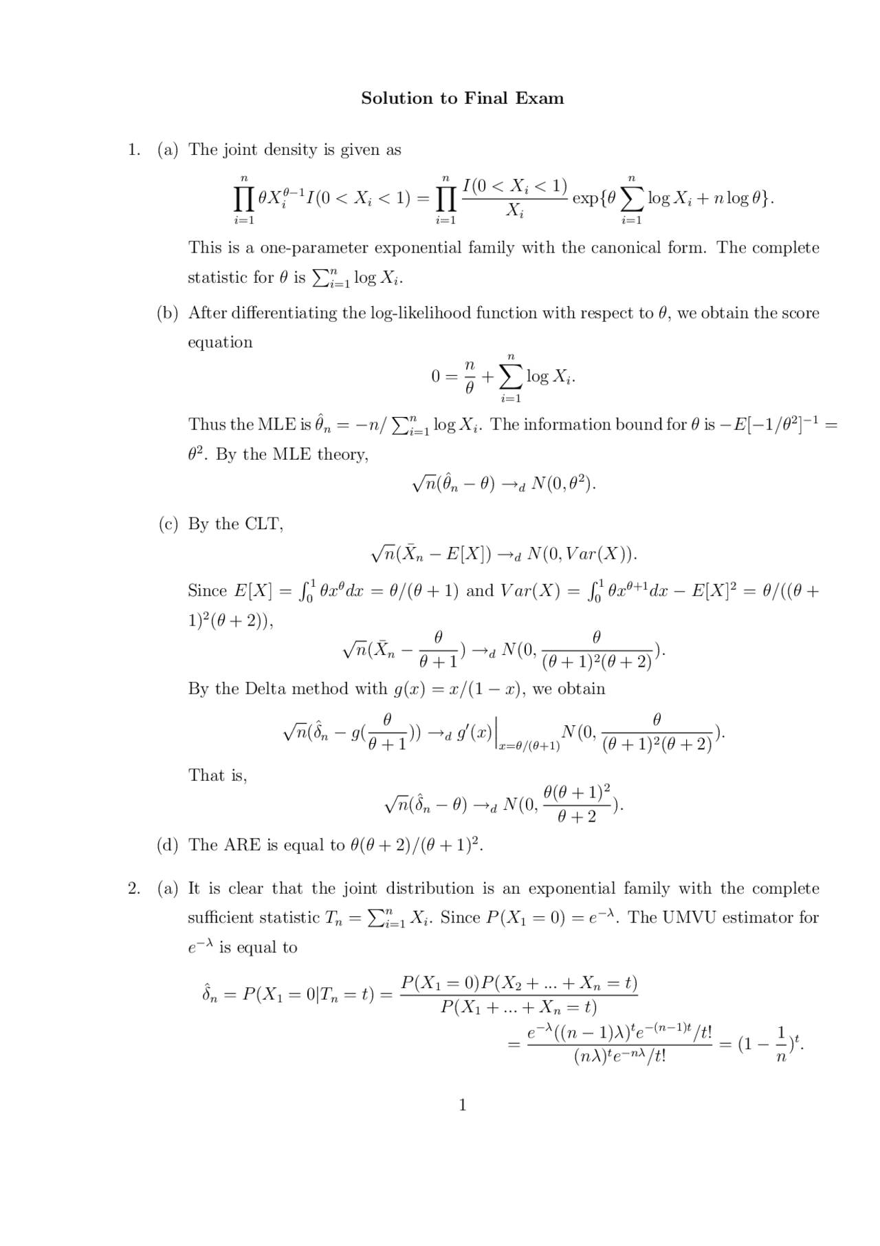 Probability and Statistical Inference I - Final Exam with Solution | BIOS 760 - Docsity