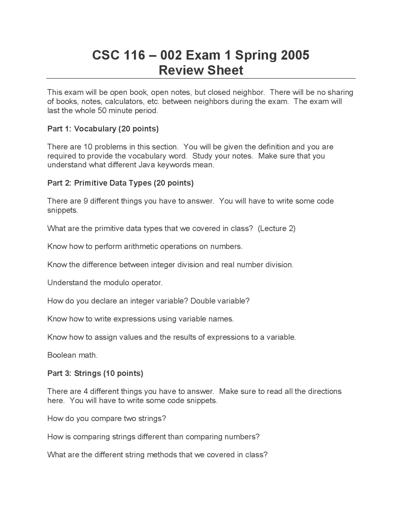 Primitive Data Types and Signals - Exam 1 | CSC 116 - Docsity