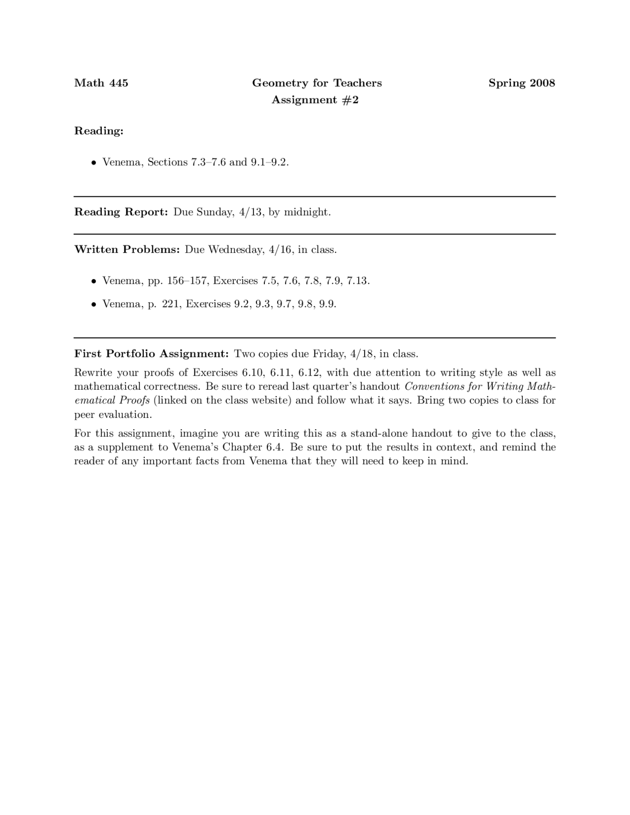 Math 445: Assignment #2 for Geometry for Teachers - Spring 2008 - Prof. John Lee | Assignments ...