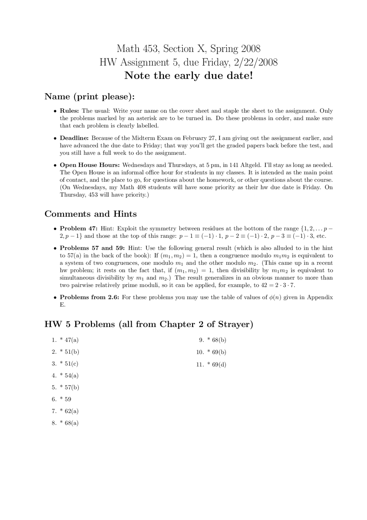 Assignment 5 Problems Elementary Theory Of Numbers Math 453 Docsity