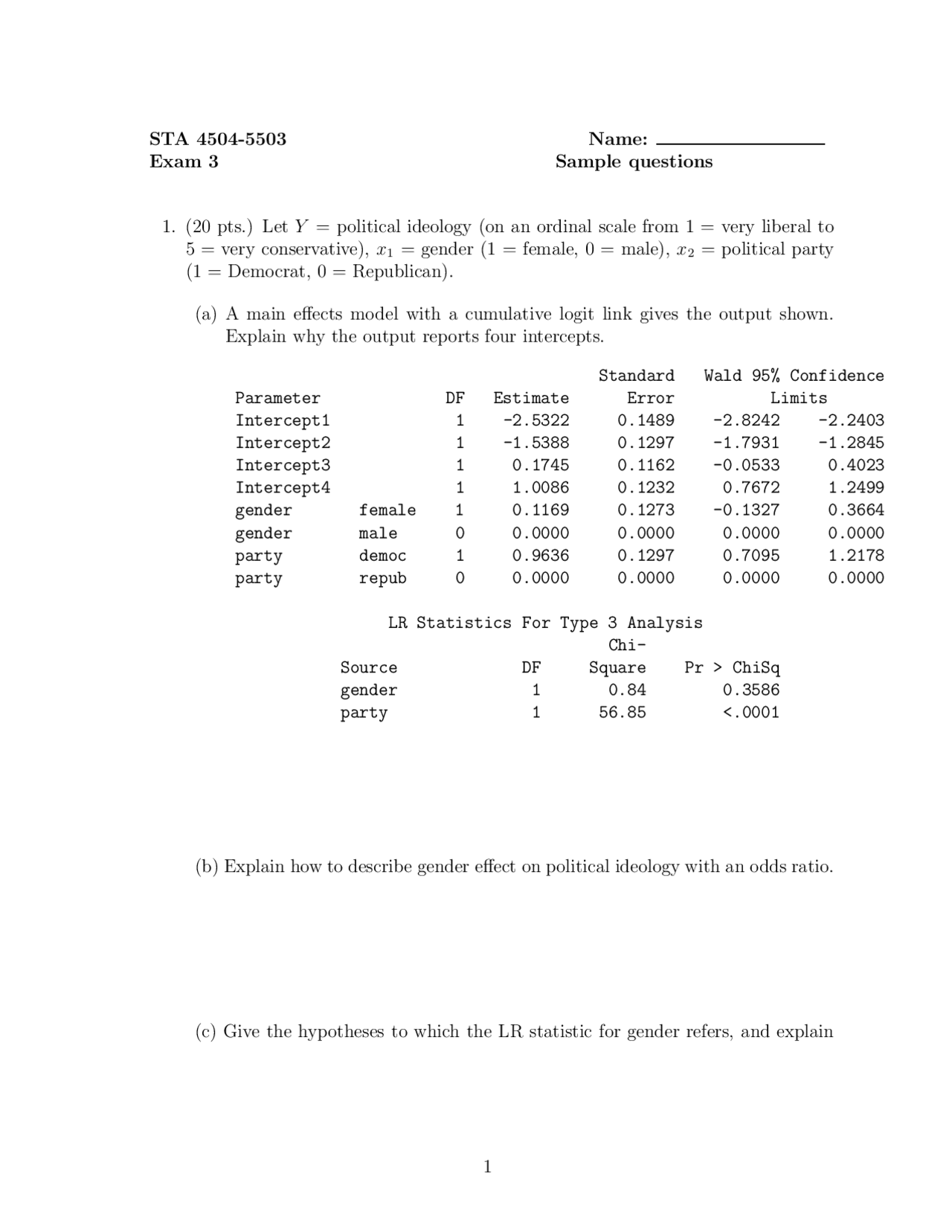 Categorical Data Analysis Exam 3 Sample Questions Sta 4504 Exams