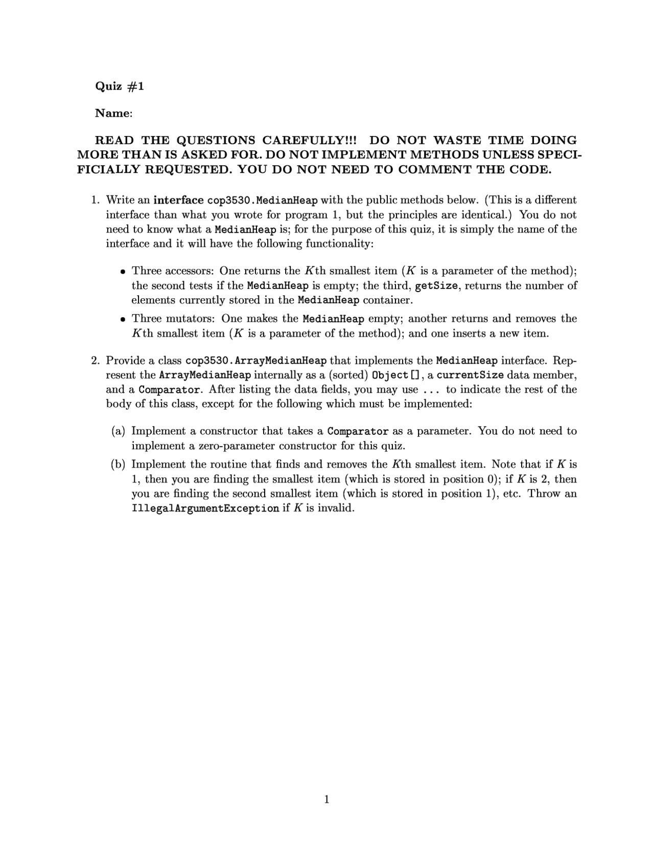 Quit 1 Write The Interface Data Structures Cop 3530 Docsity