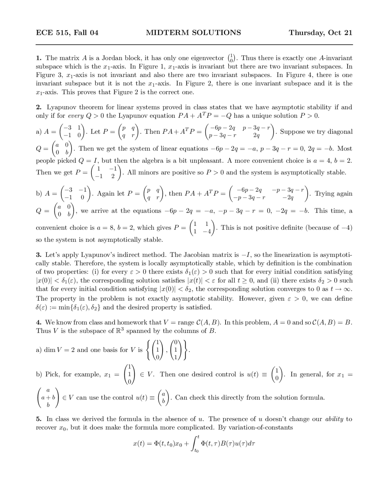 Midterm Exam Solution - Control System Theory and Design | ECE 515 | Exams Electrical and ...