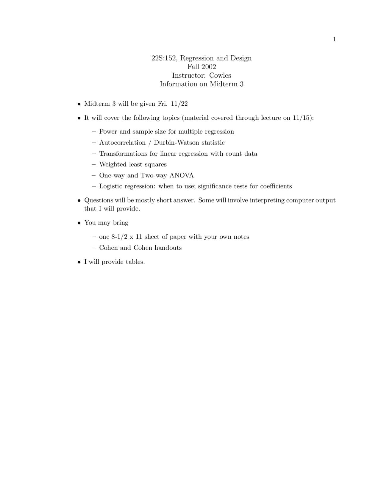 Information On Midterm 3 Applied Linear Regression 22s 152 Docsity