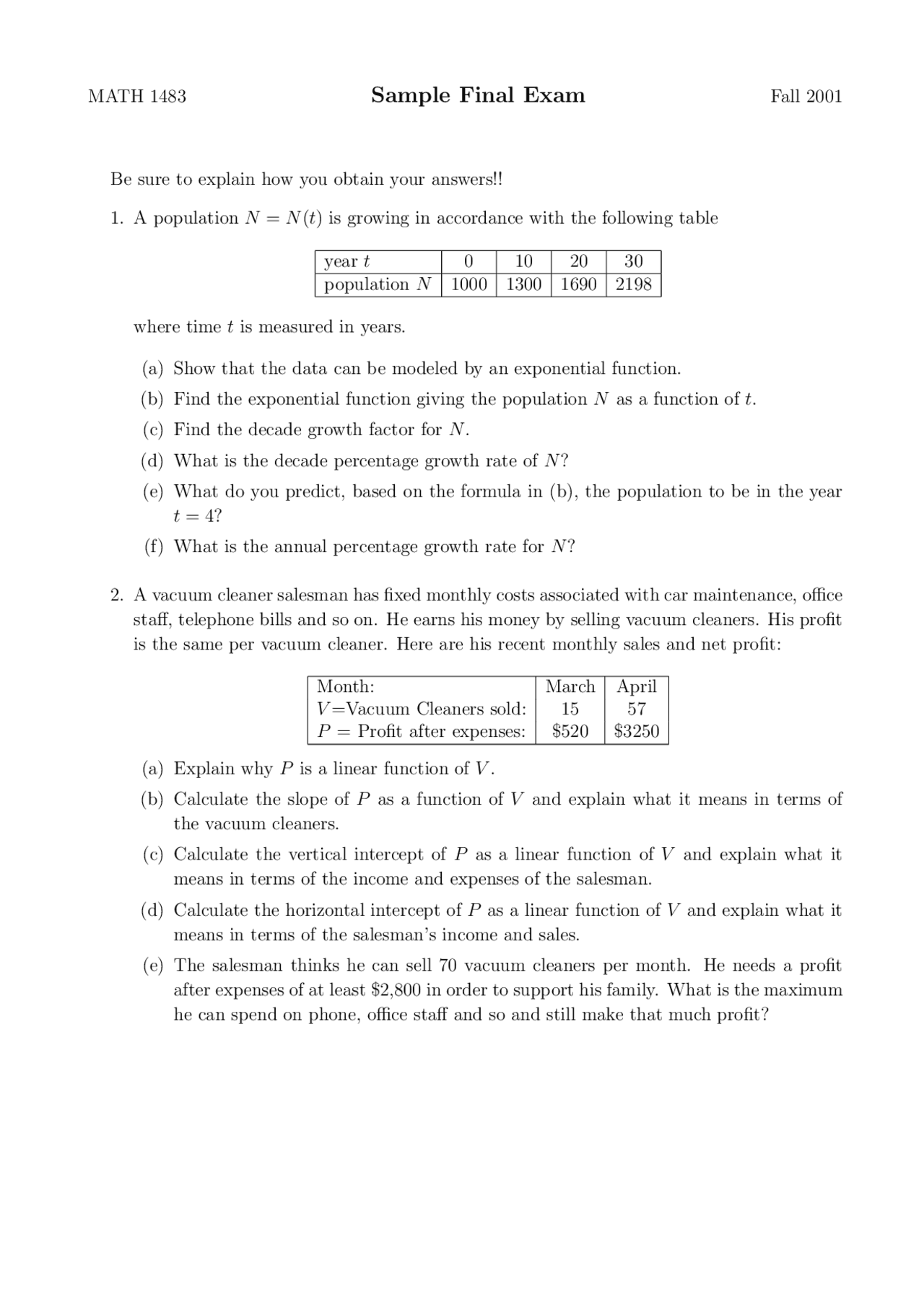 Sample Final Exam Problems For Mathematics Functions And Uses Math