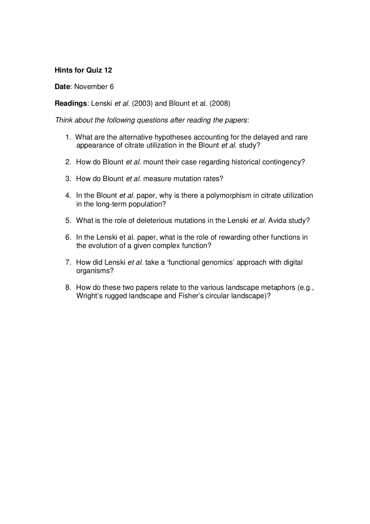 Quiz 12 Questions Experimental Evolutionary Ecology Biol 481 Docsity