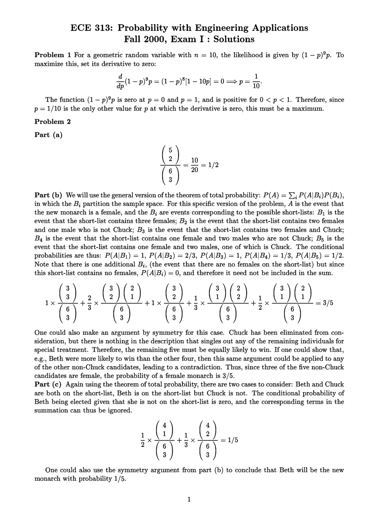 Solutions to Exam 1 - Probability with Engineering Application | ECE 313 - Docsity
