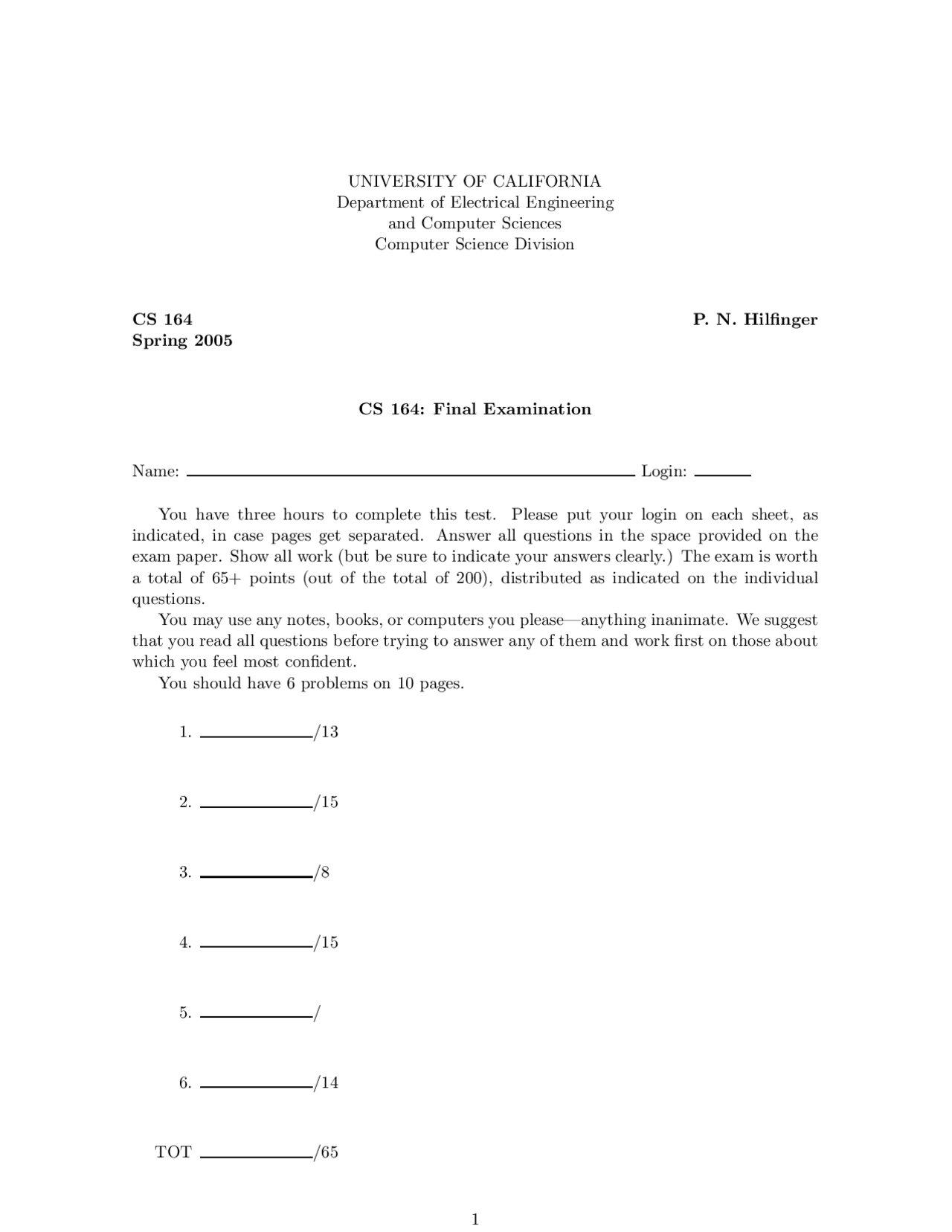 Old Exam Questions For Programming Languages 2005 Cs 4610 Docsity