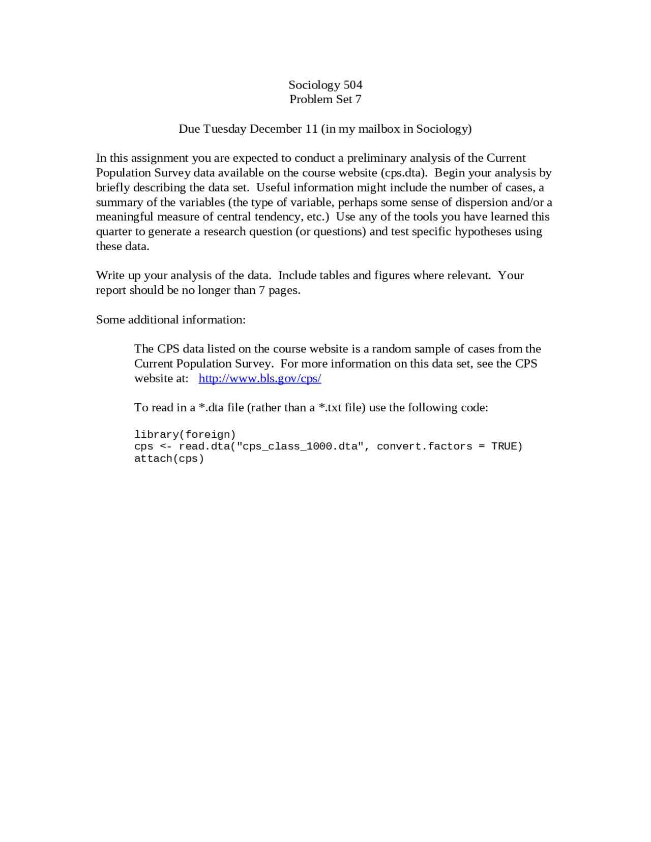 Problem Set 7 Question Social Statistics Soc 504 Assignments