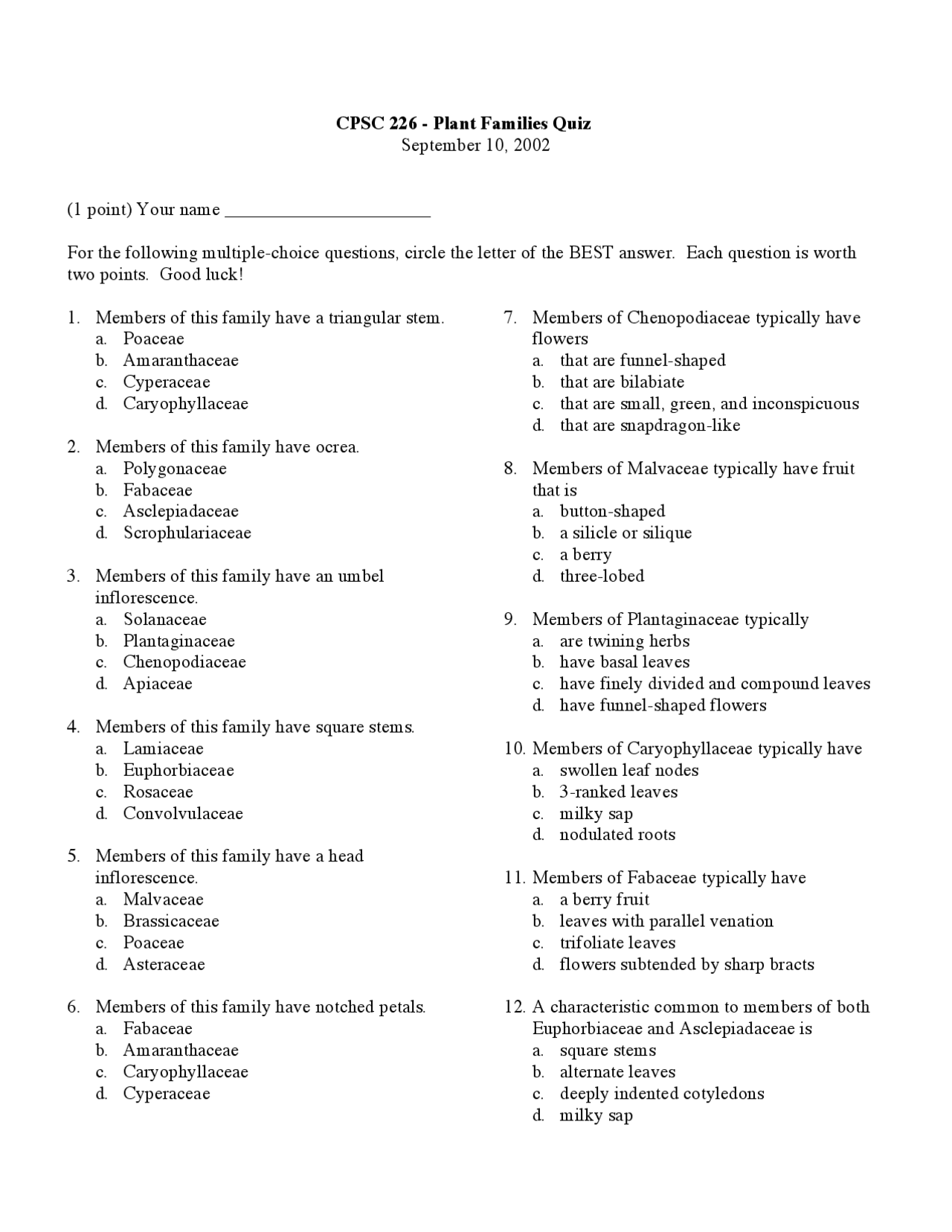 Plant Families Quiz Introduction To Weed Science Cpsc 226 Docsity
