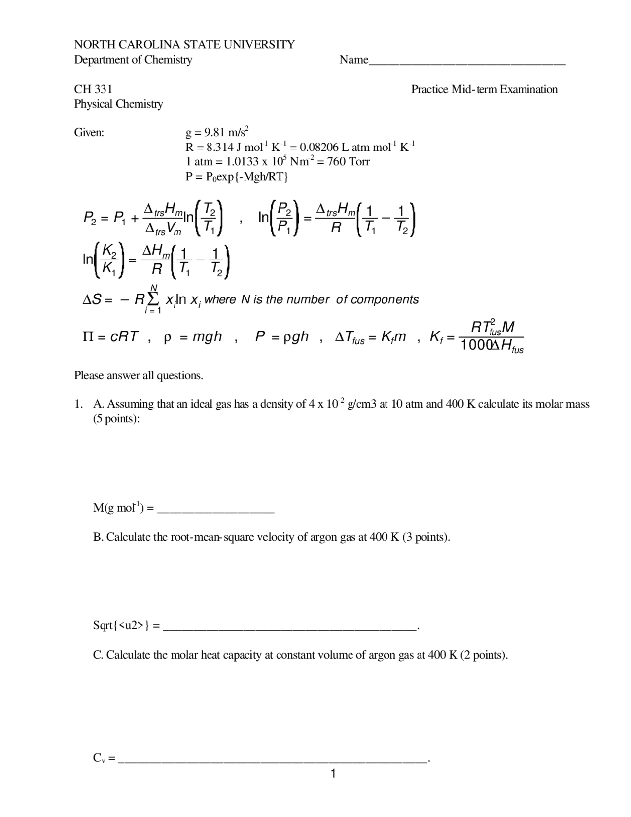 Introductory Physical Chemistry Midterm Exam Ch 331 Docsity