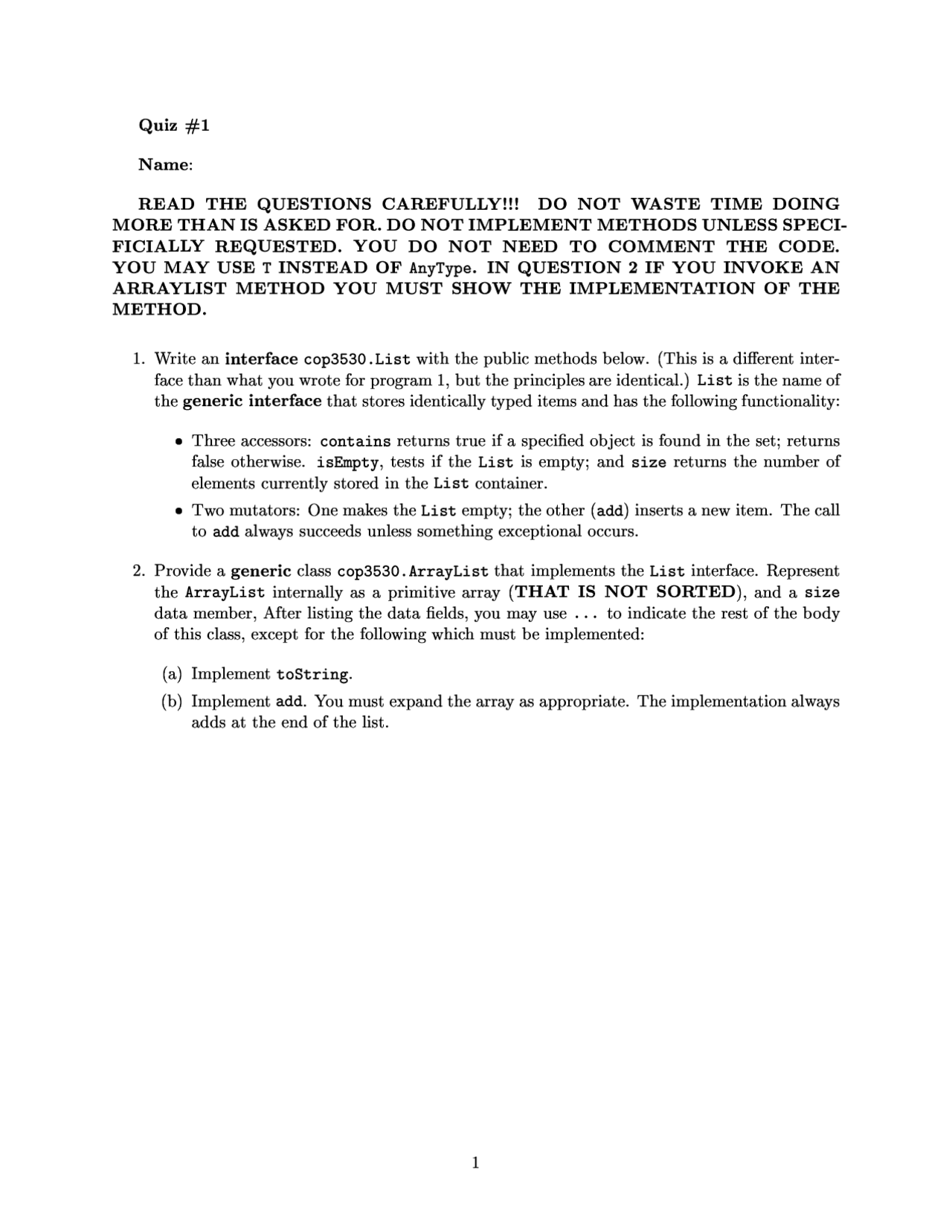 Quit 1 - Write the Interface | Data Structures | COP 3530 - Docsity