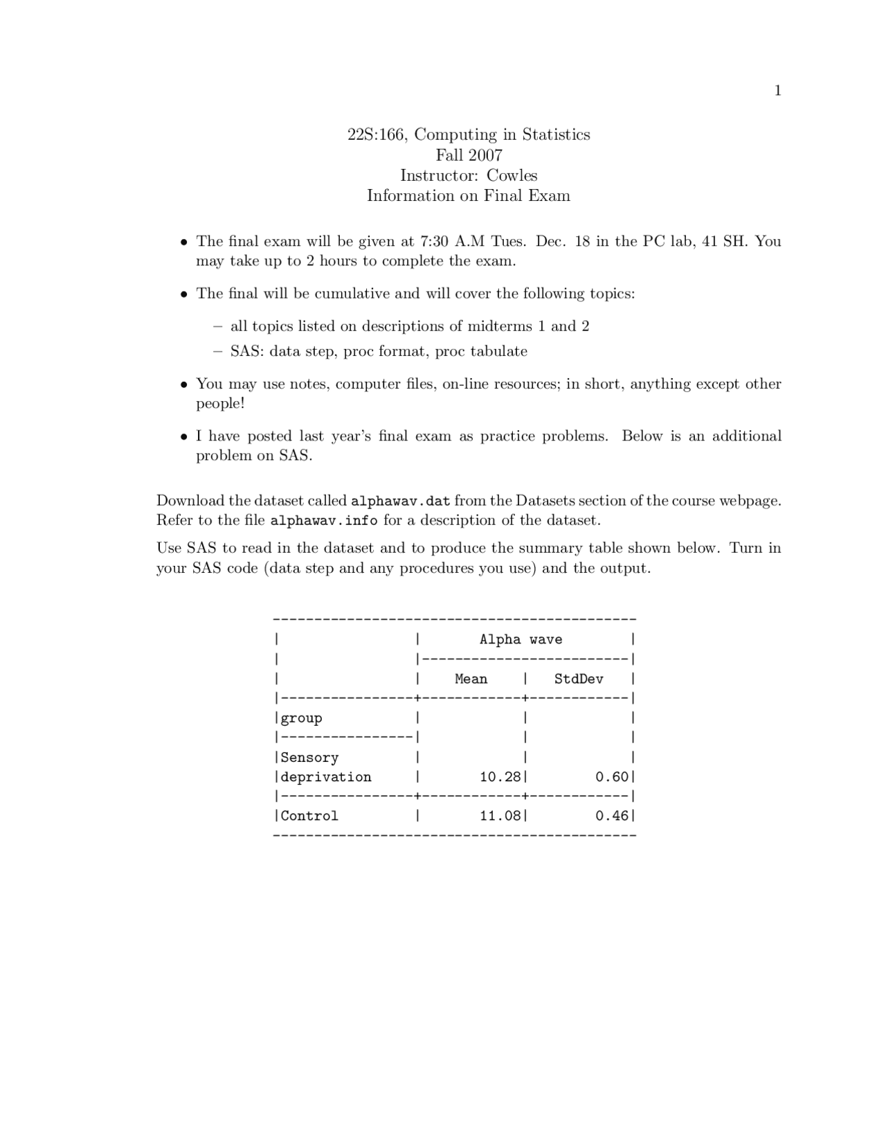 Solved Problems on Data Set in the Statistics - Final Exam | 22S 166 - Docsity