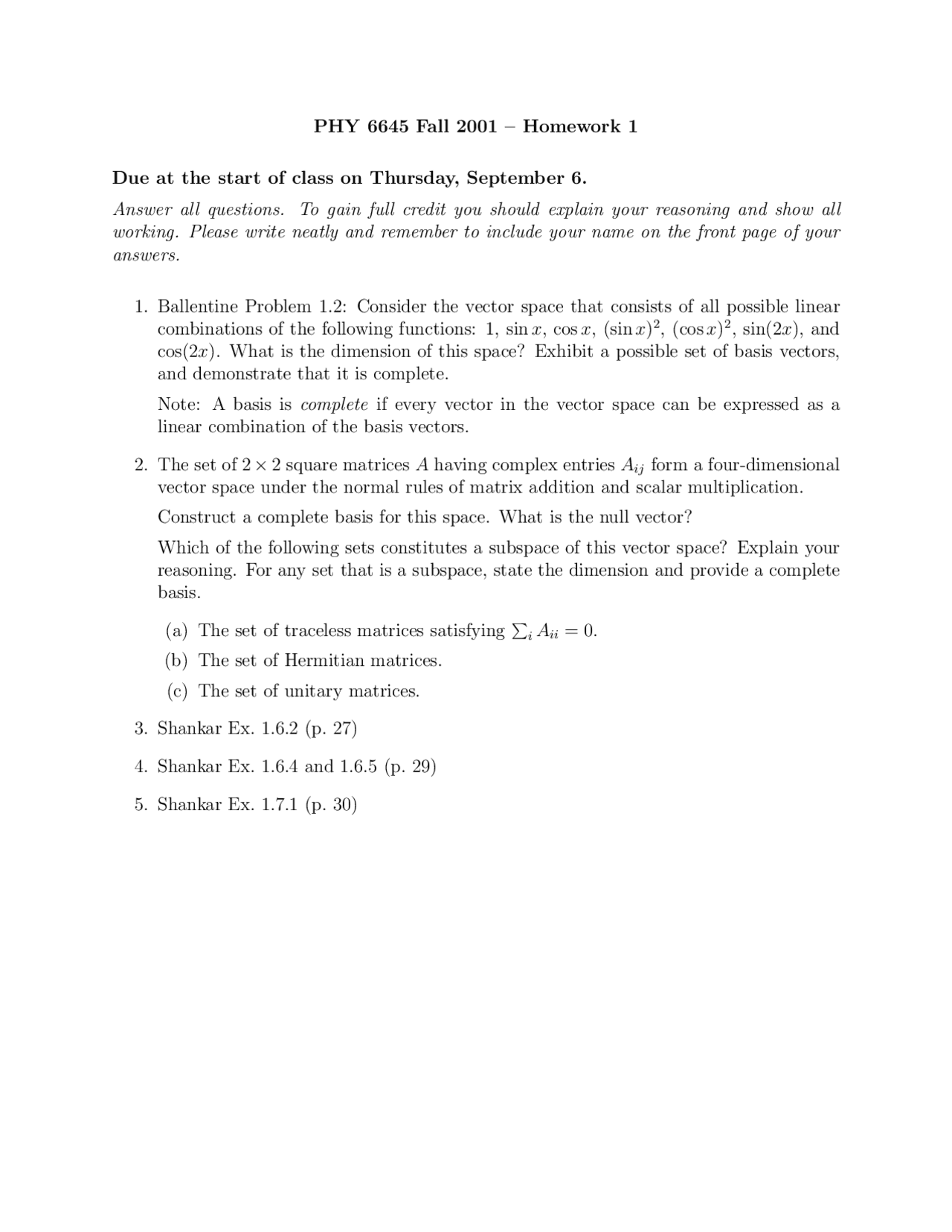5 Problems on Matrices and Quantum Mechanics - Homework 1 | PHY 6645 ...