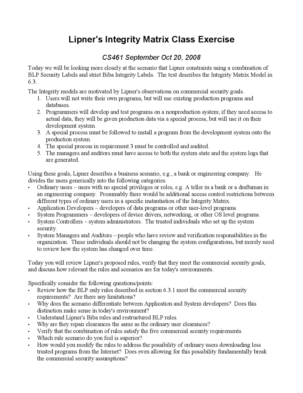 Lipner's Integrity Matrix - Computer Security I | CS 461 - Docsity