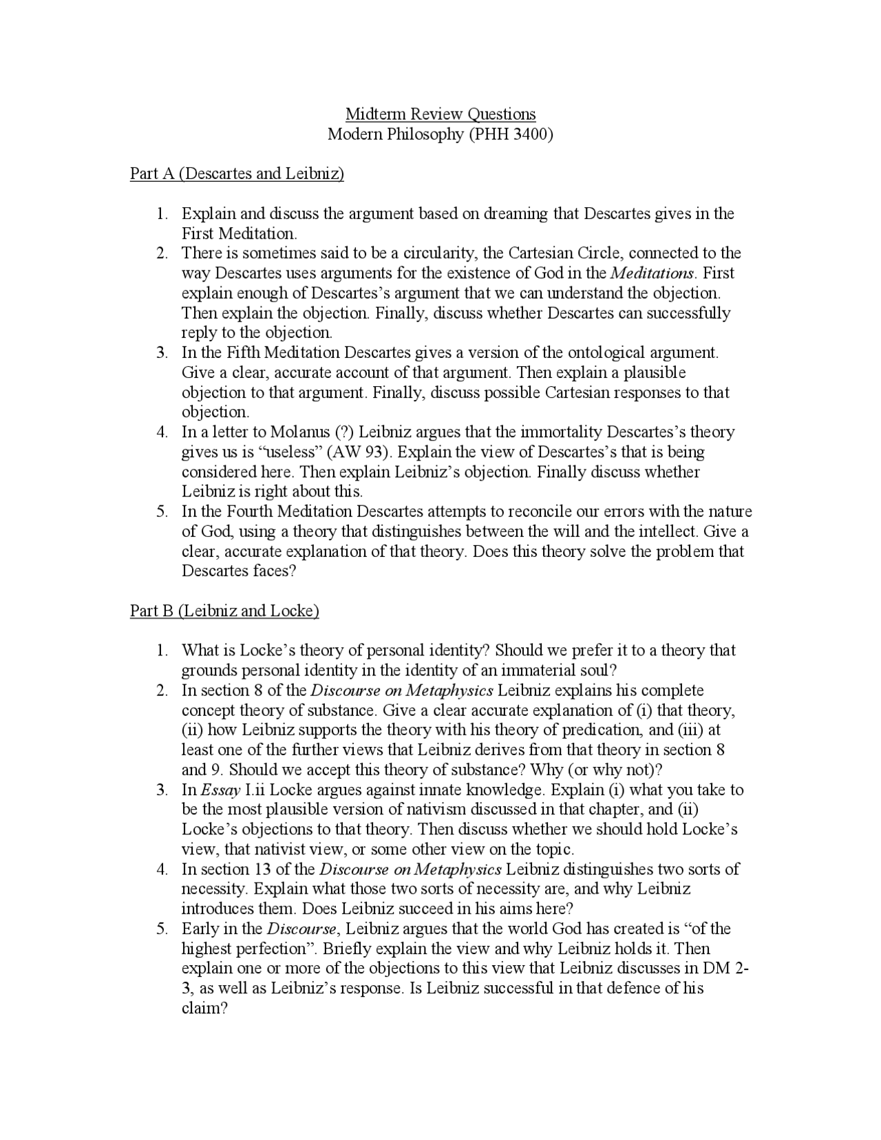 Midterm Review Sheet Modern Philosophy Phh 3400 Docsity