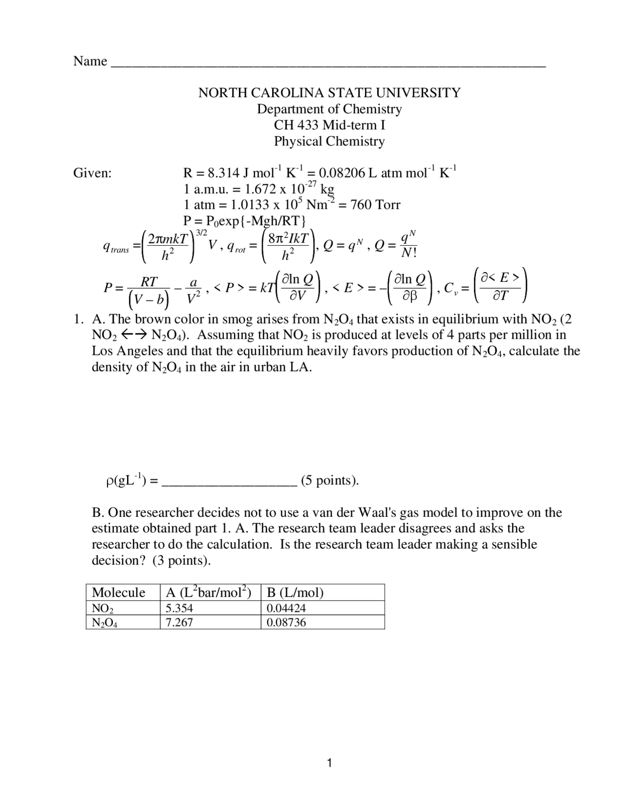 Midterm Exam 1 Physical Chemistry Ii Ch 433 Docsity