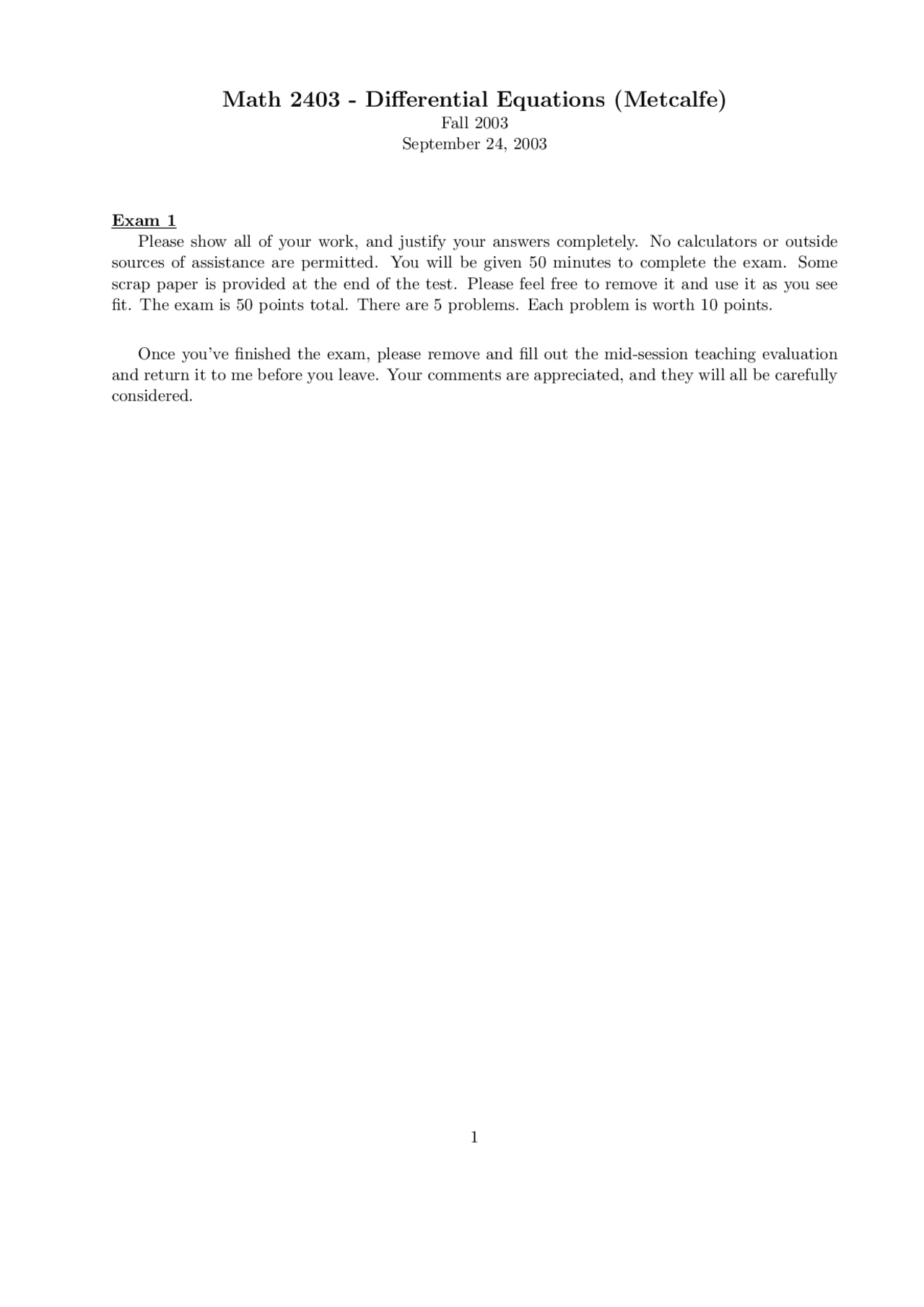 5 Questions for Old Exam 1 - Elementary Differential Equations | MATH 524 - Docsity