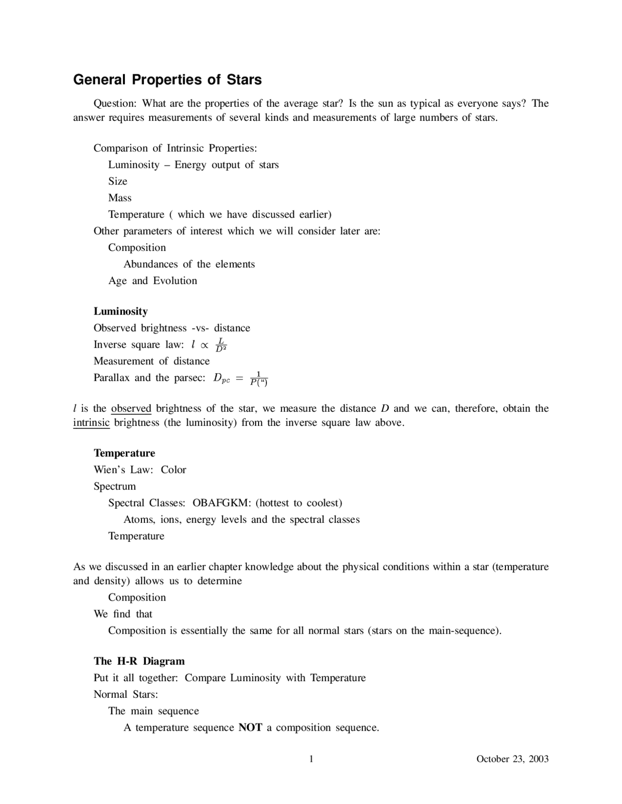 Notes For General Properties Of Stars Ast 1002 Docsity