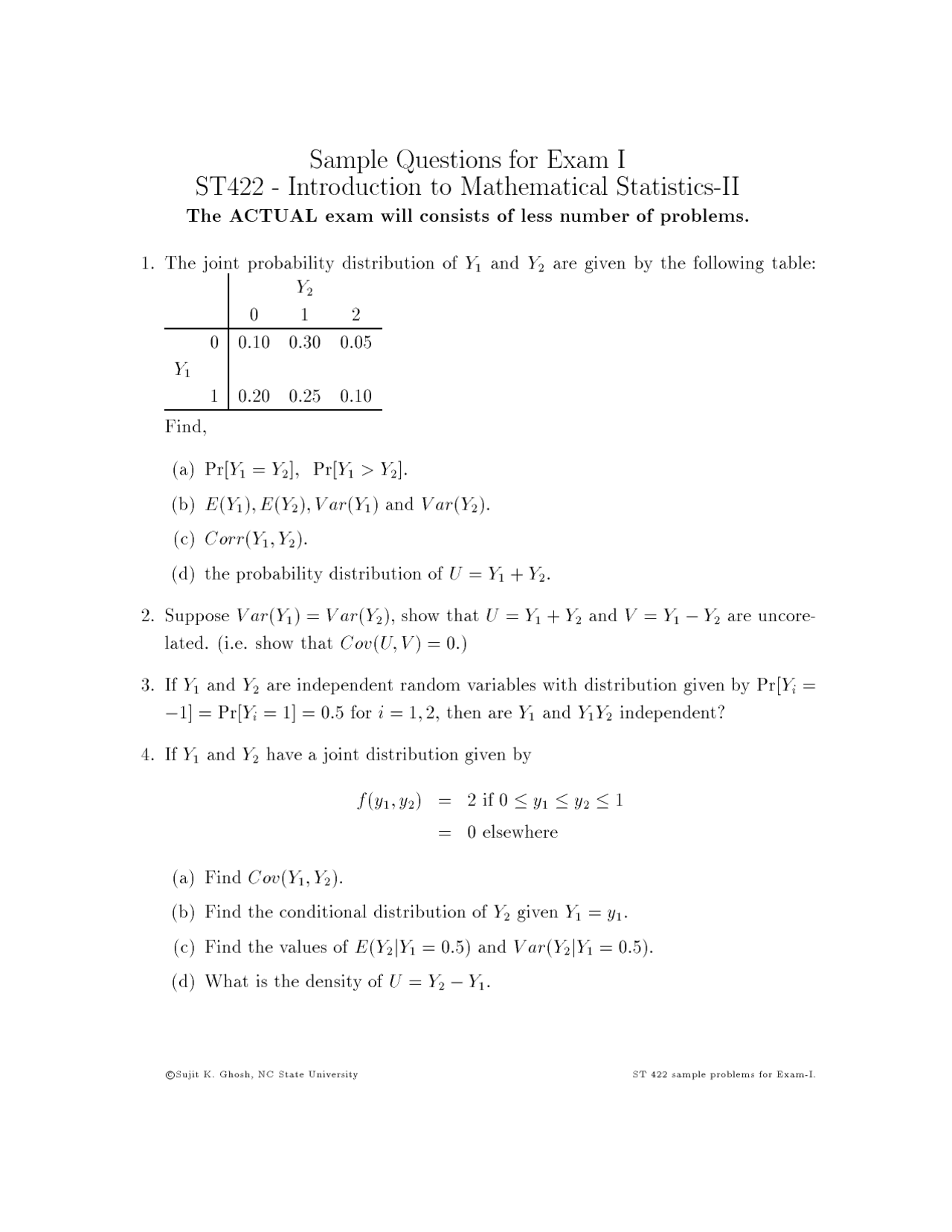 Sample Questions For Exam 1 Introduction To Mathematical Statistics