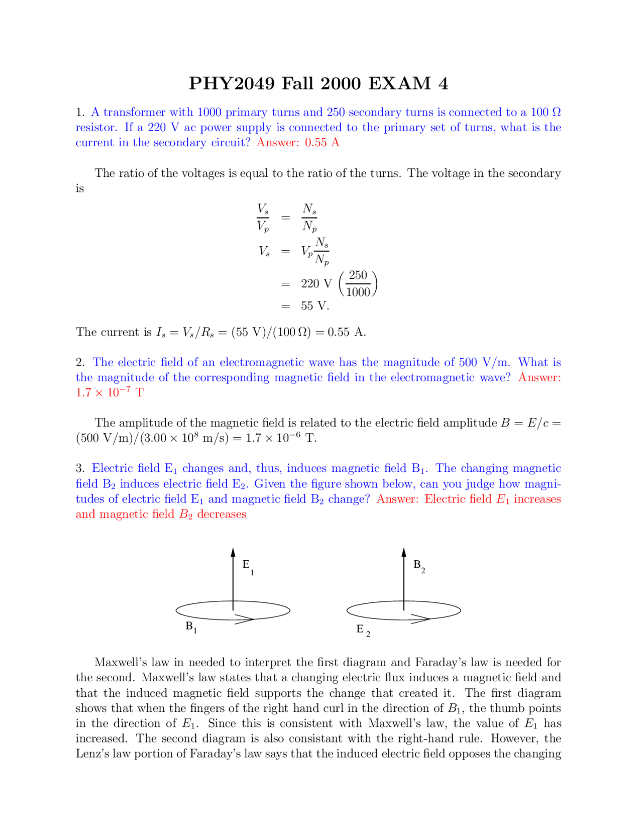 Old Exam 4 With Answers Physics With Calculus Ii Phy 2049 Docsity