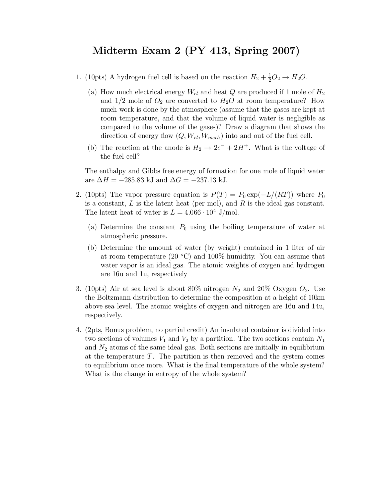 Midterm Exam 2 4 Questions On Thermal Physics Py 413 Docsity