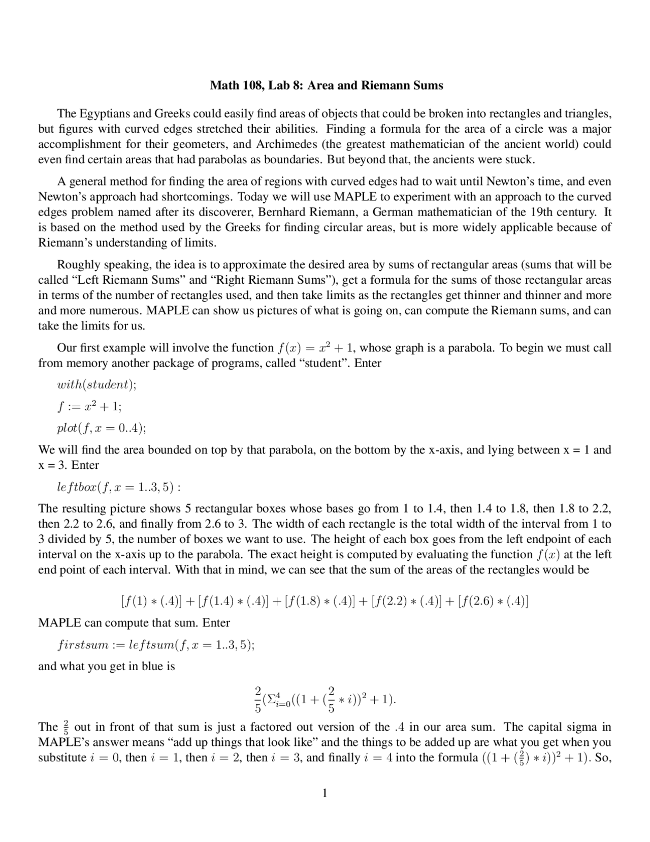 Area And Riemann Sums Laboratory 8 Math 108 Docsity