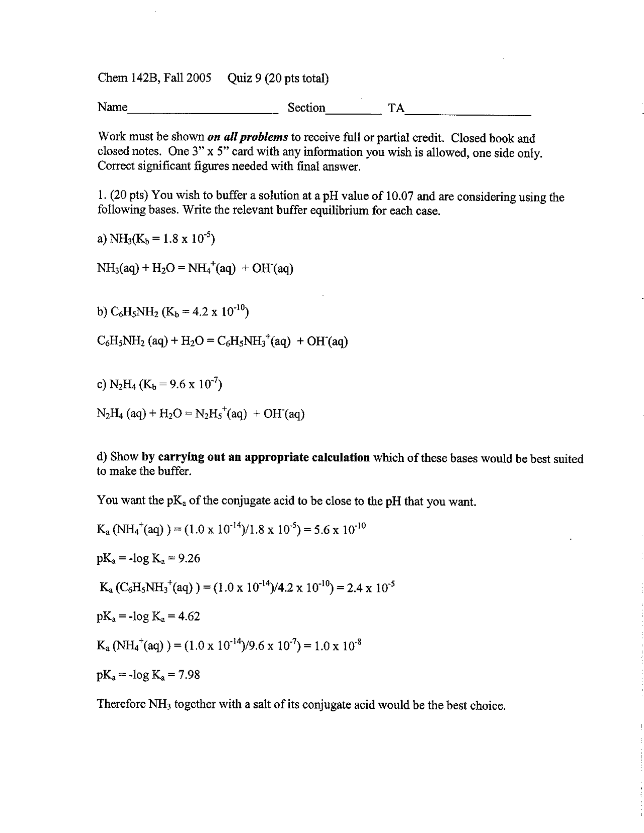 General Chemistry Exam 5 Solutions Chem 142 Docsity