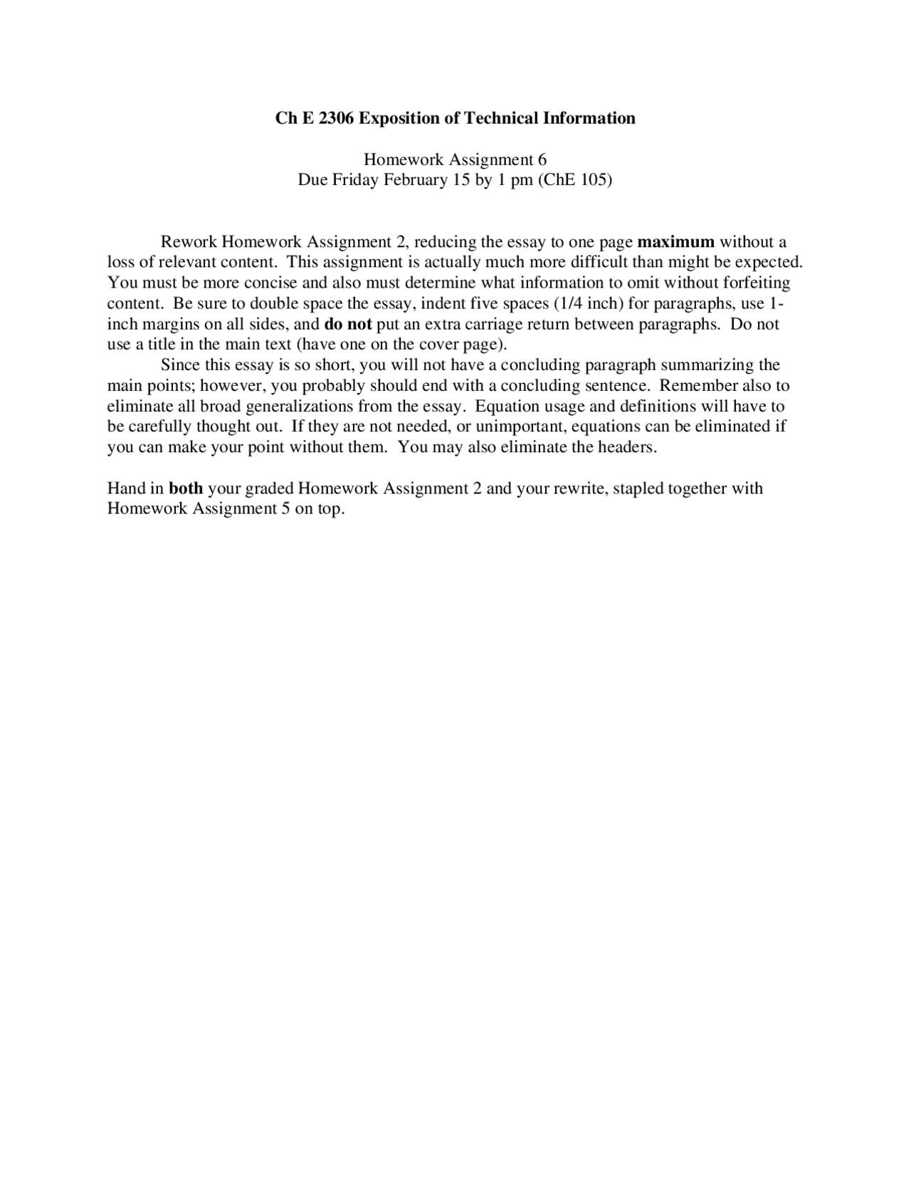 Homework 6 - Exposition of Technical Information | CH E 2306 - Docsity