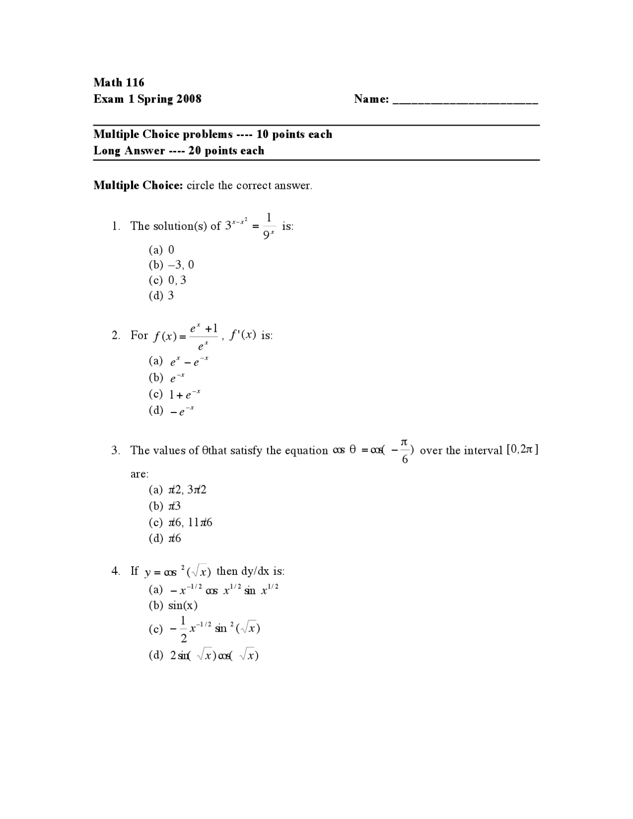 Exam 1 | Calculus II - Spring 2008 | MATH 116 - Docsity