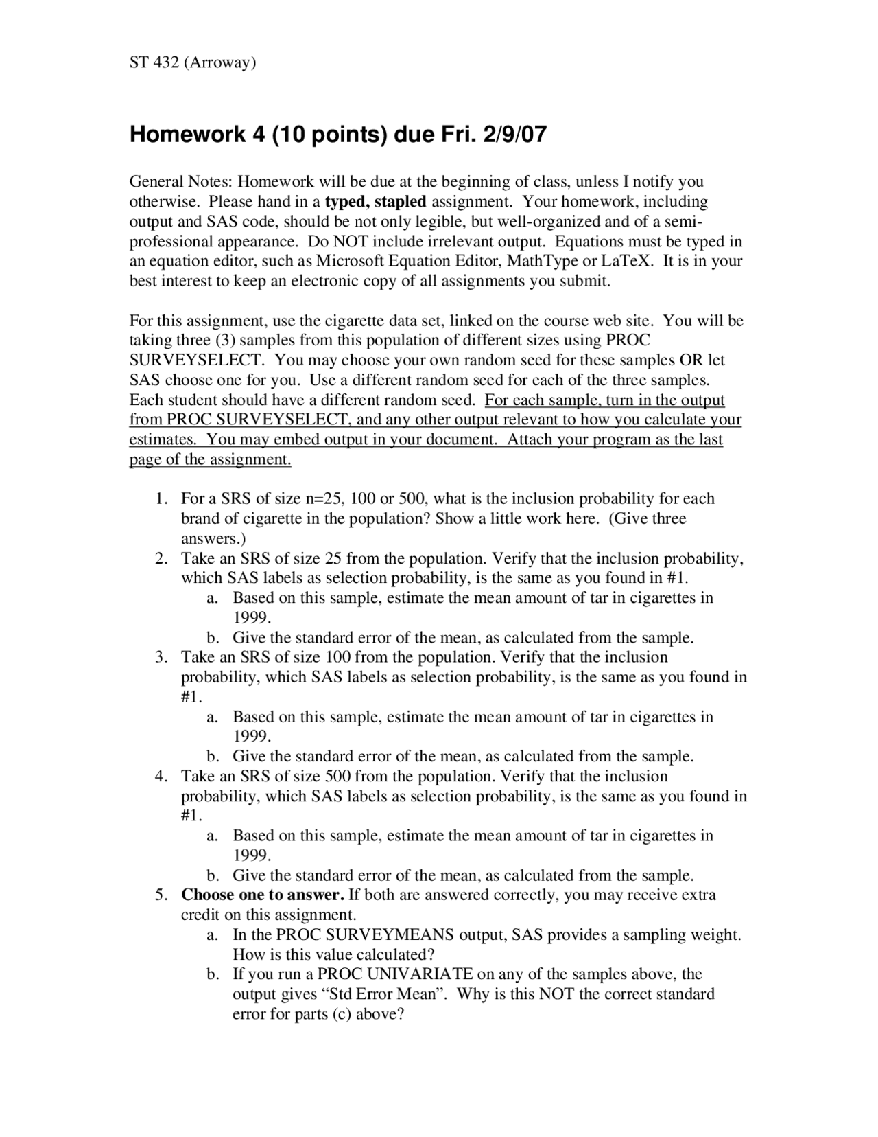 Homework 4 Introduction To Survey Sampling St 432 Docsity