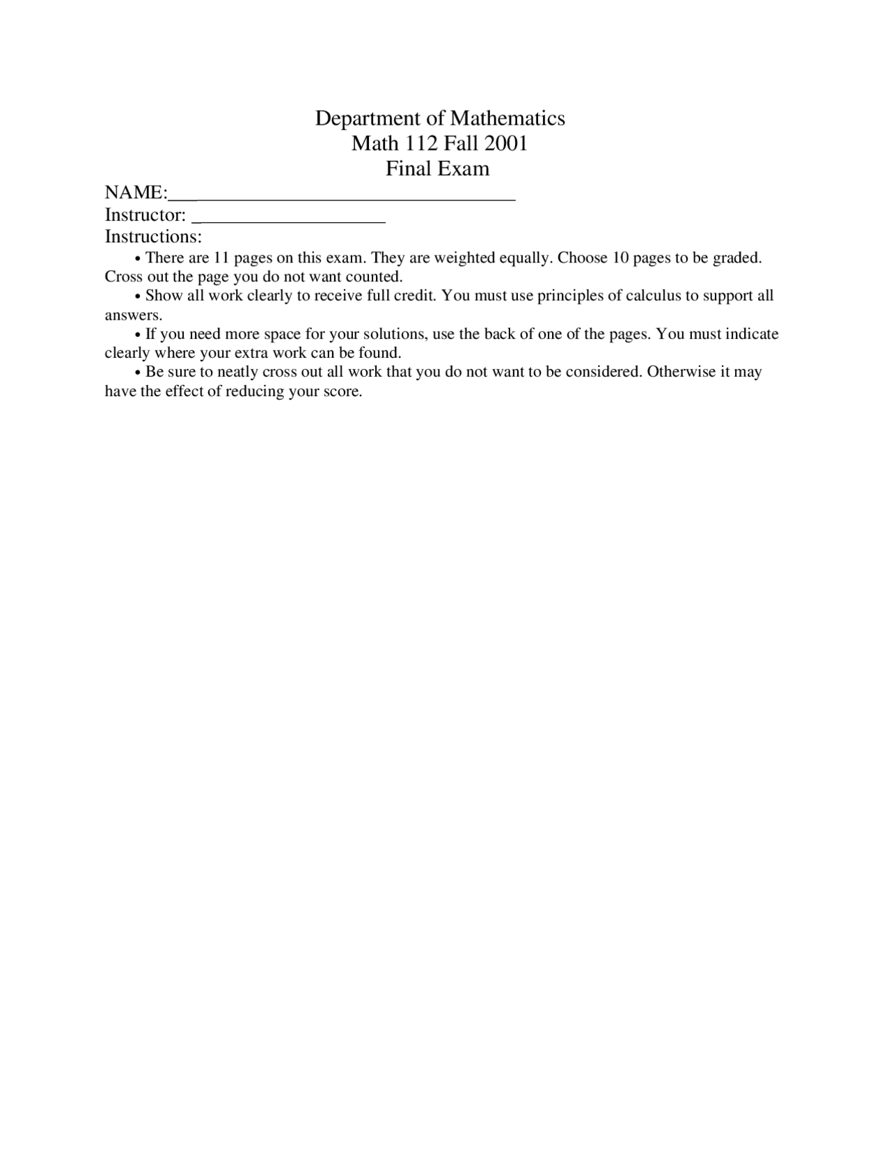 11 Questions On Calculus Ii Sample Final Exam Math 112 Docsity