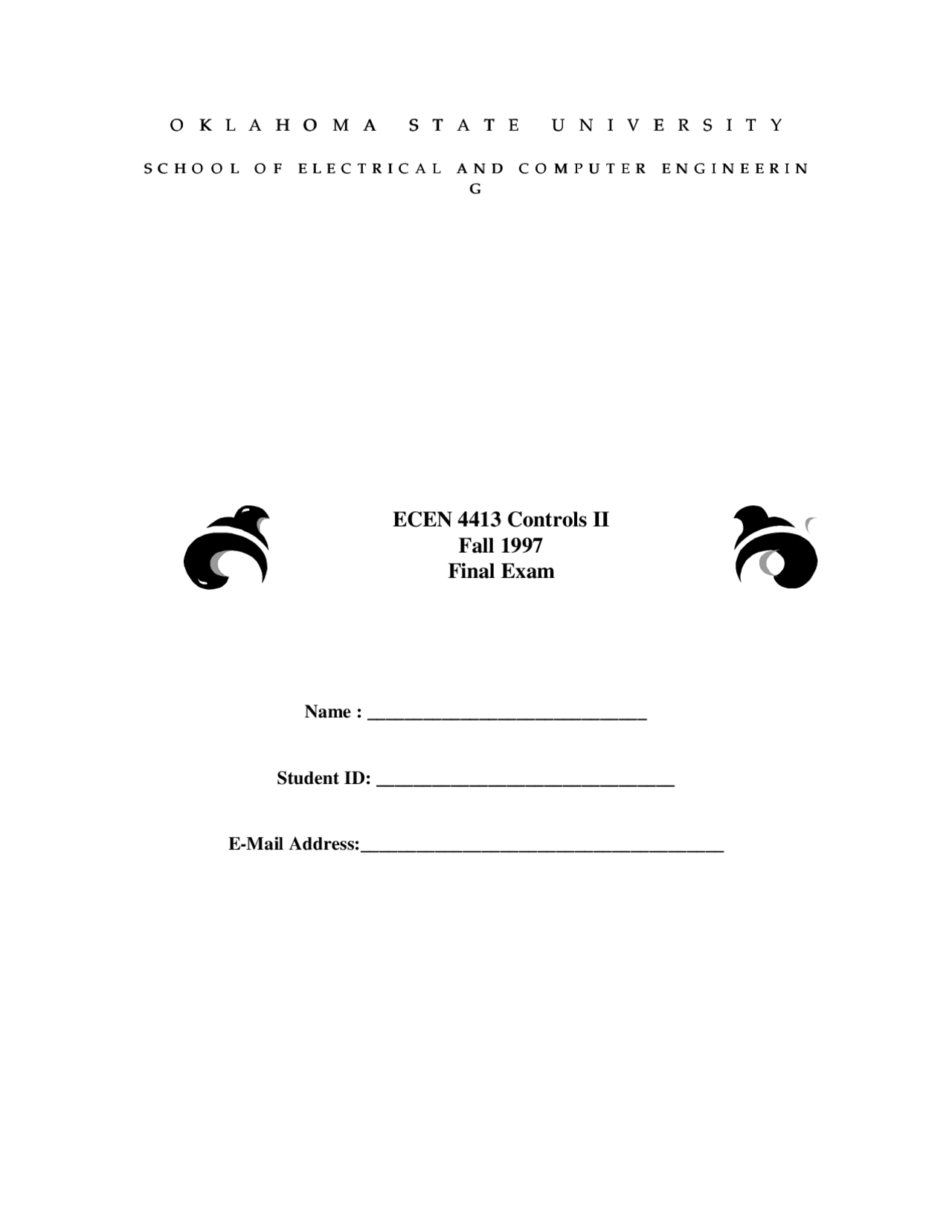 Automatic Control System 5 Problems For Final Exam Ecen 4413 Docsity