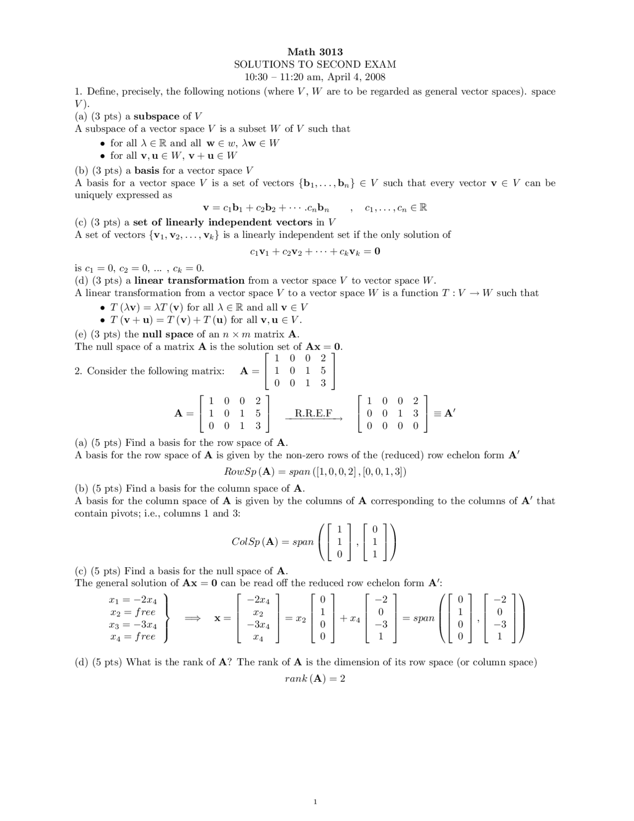 Solutions To Second Exam Linear Algebra Math 3013 Docsity