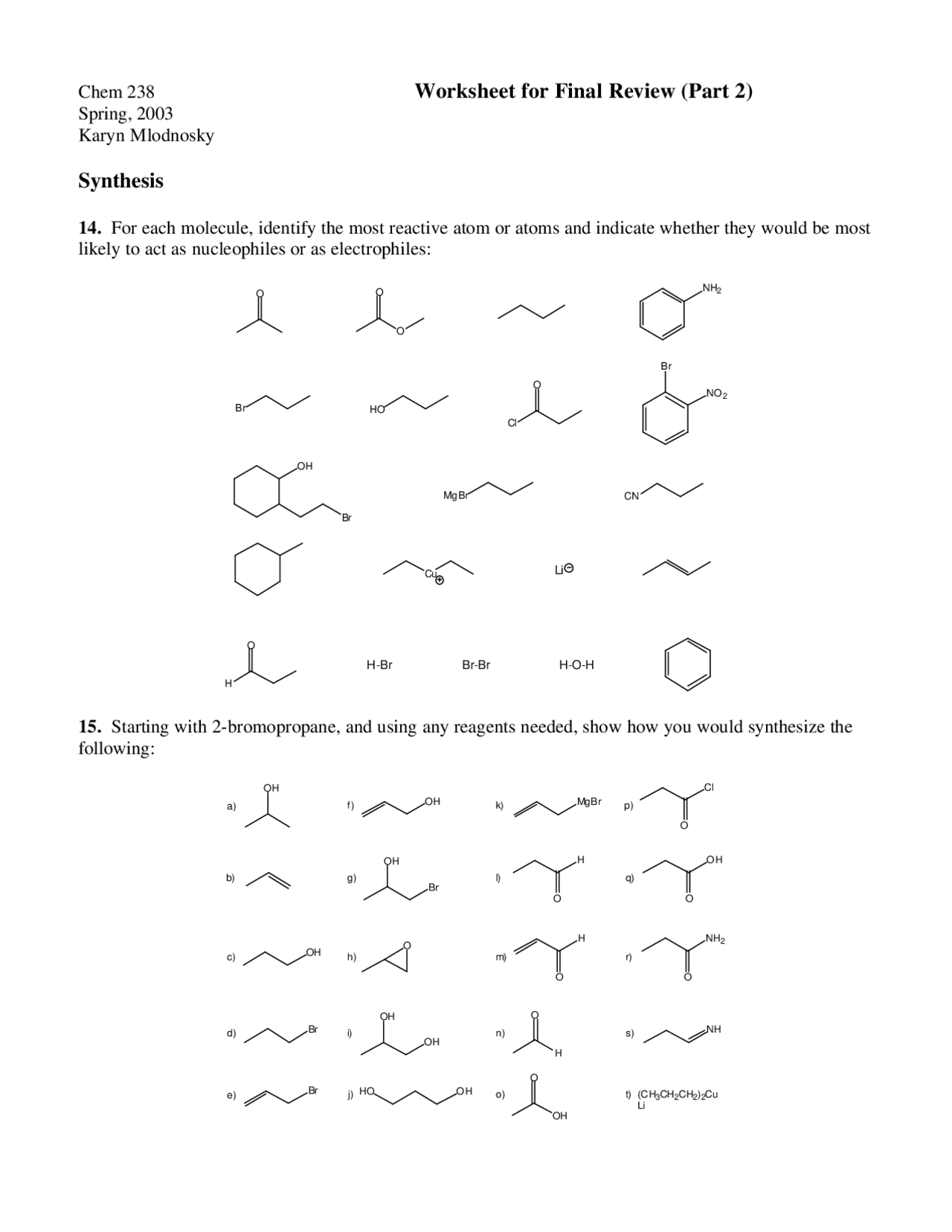 Worksheet for Final Exam Review - Organic Chemistry | CHEM 238 - Docsity