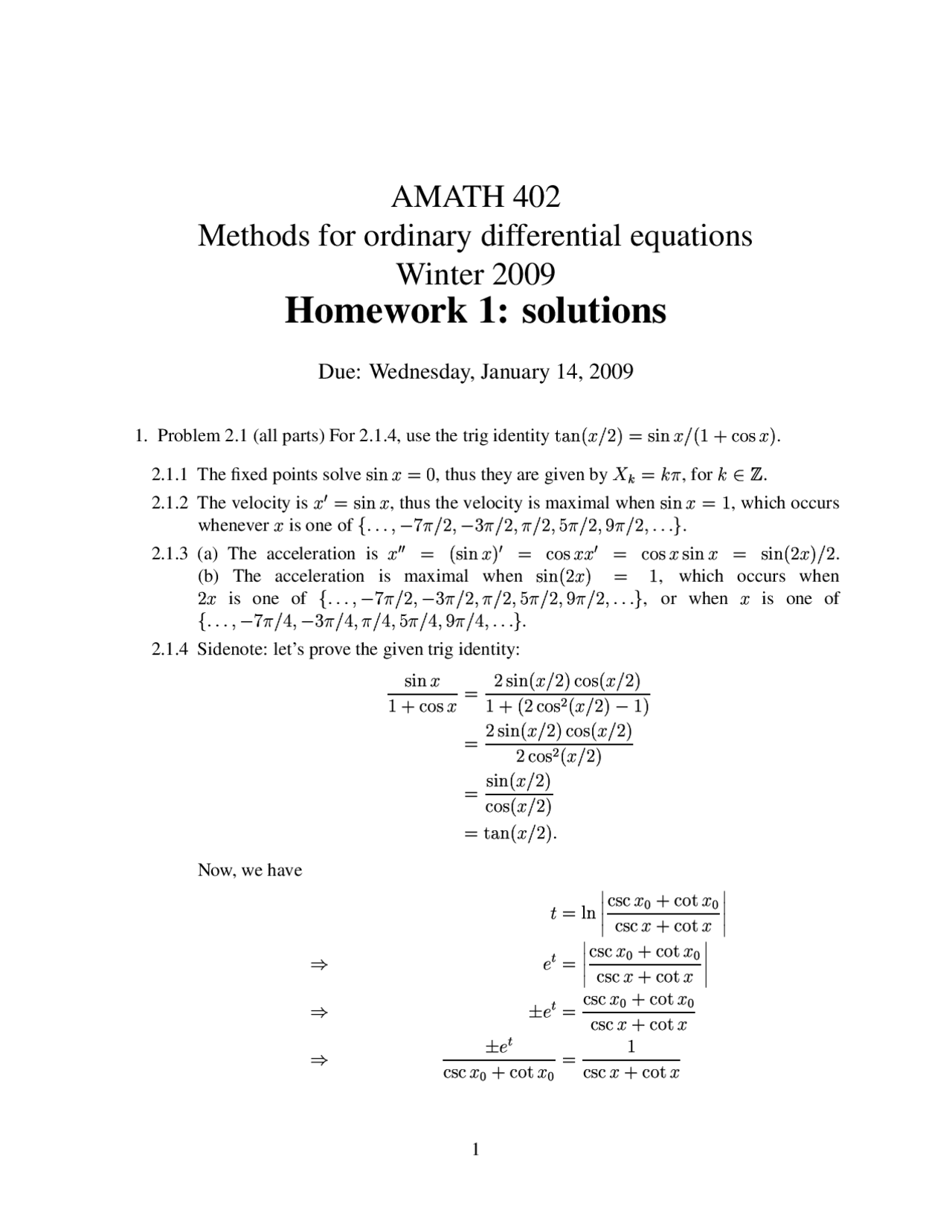 Homework 1 Solutions Methods For Ordinary Differential Equations