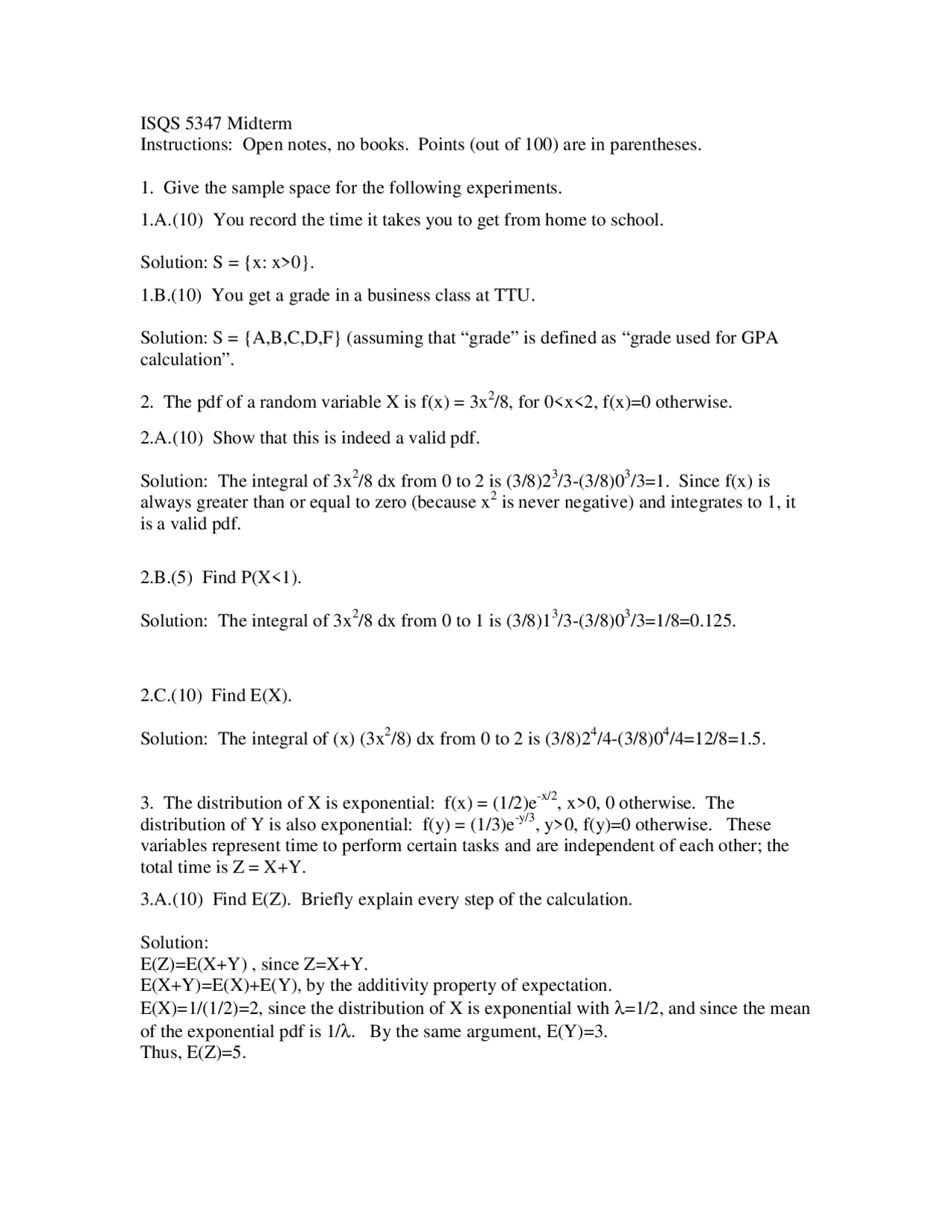 Solved Midterm Exam For Advanced Statistical Methods Isqs 5347 Docsity