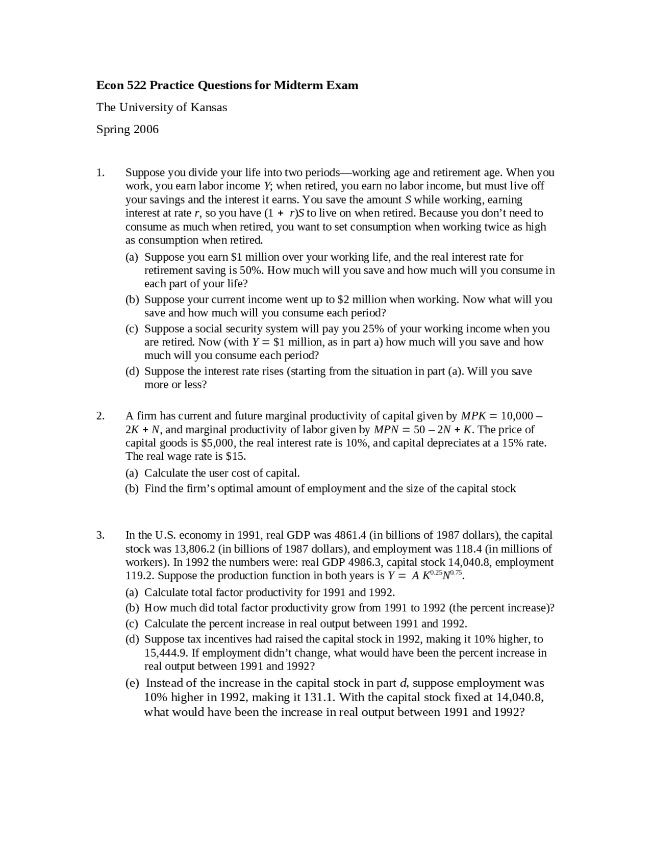 Practice Questions For Midterm Exam Macroeconomics Econ 522 Docsity