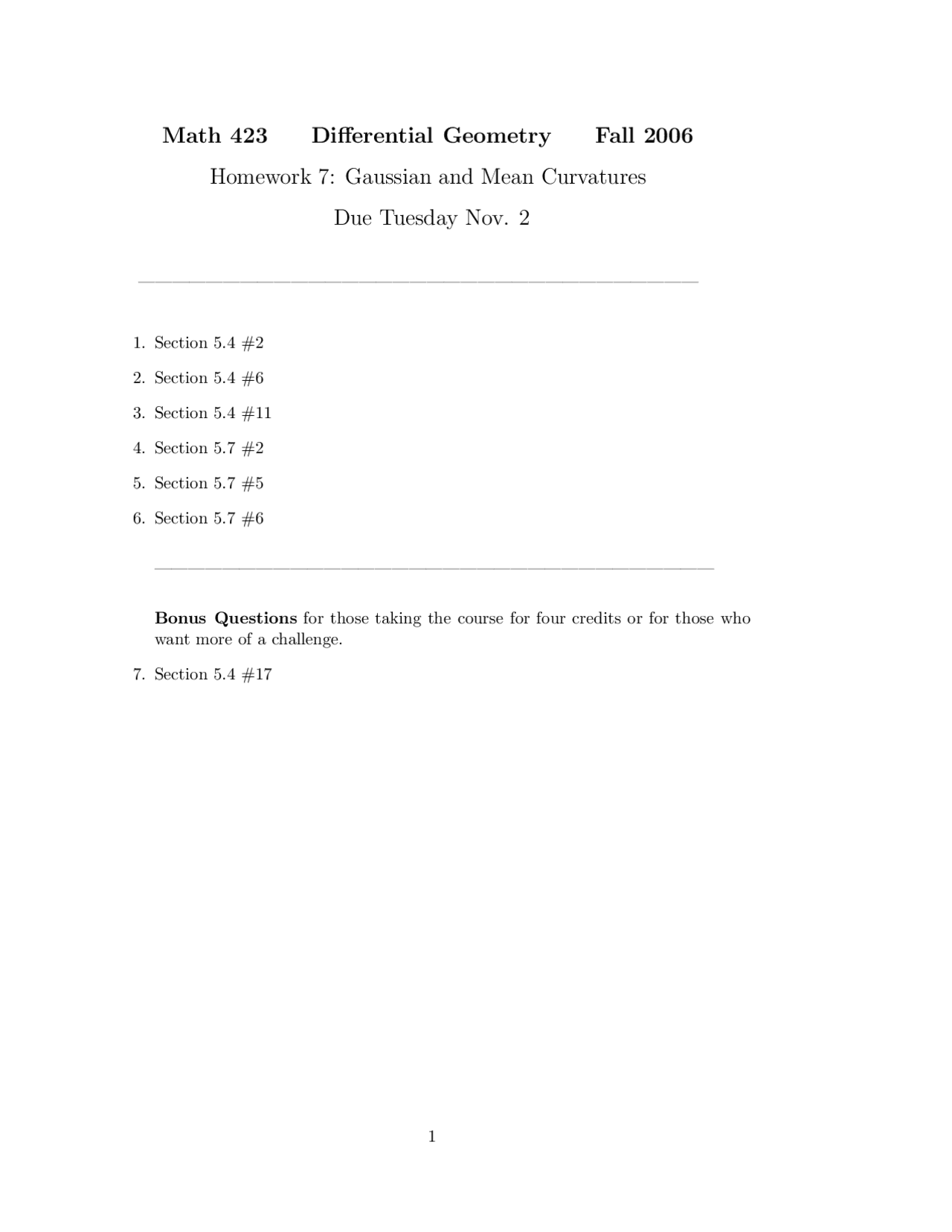 7 Problems On Differential Geometry Assignment 7 Math 423 Docsity