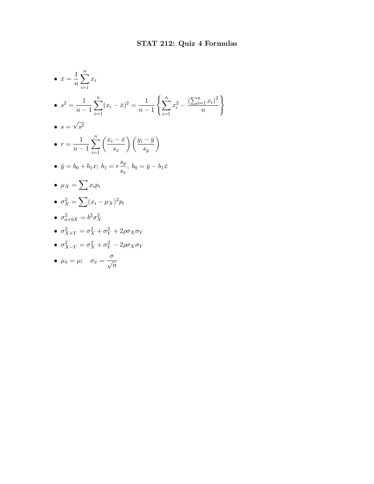 Quiz 4 Formulas For Introduction To Statistical Methods Stat 2120