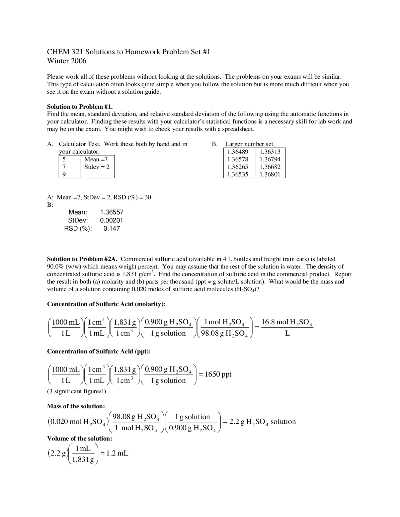 Solution To Homework Problem Set 1 Quantitative Analysis Chem 321